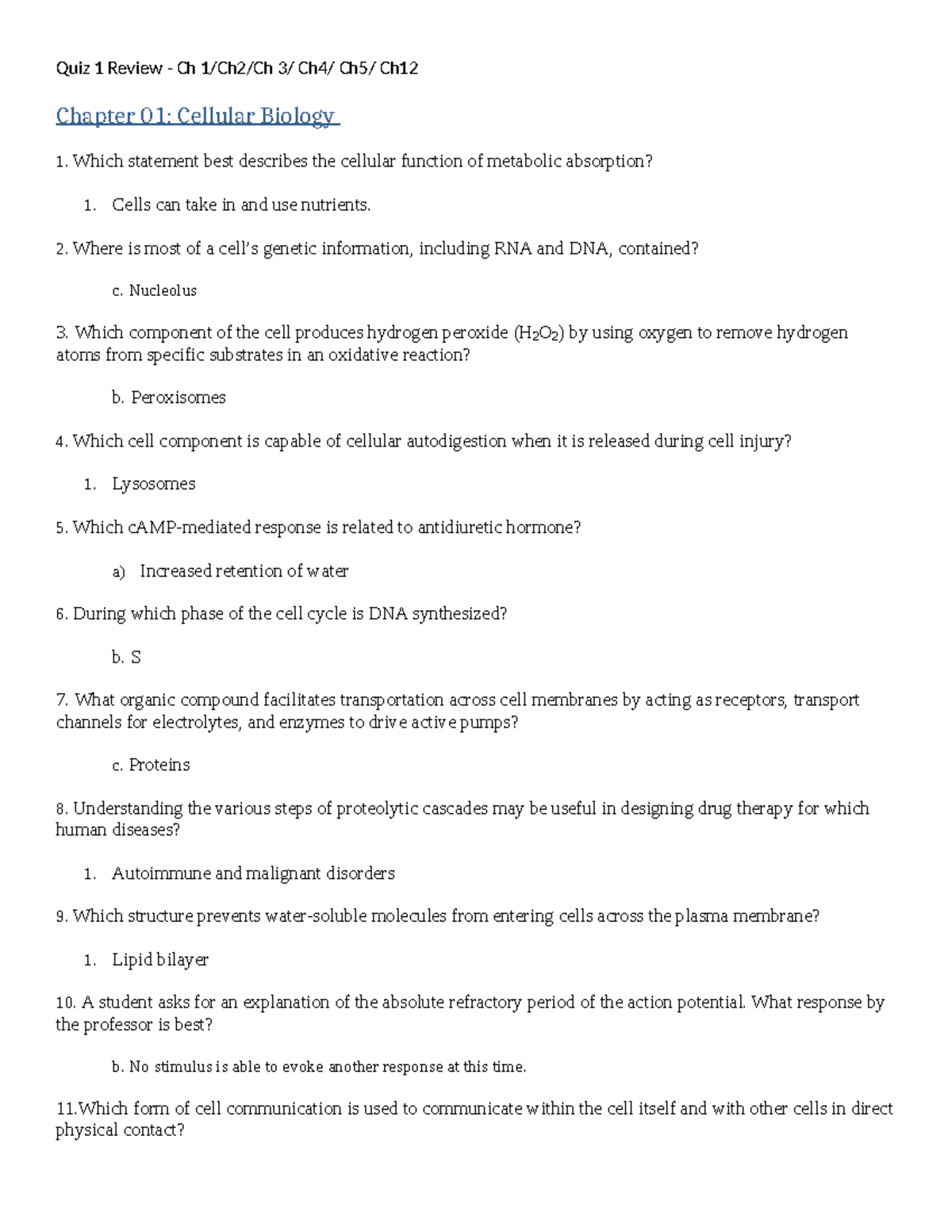 Quiz 1 Review Answers: Cellular Biology & Tissue Study Guide - Studocu