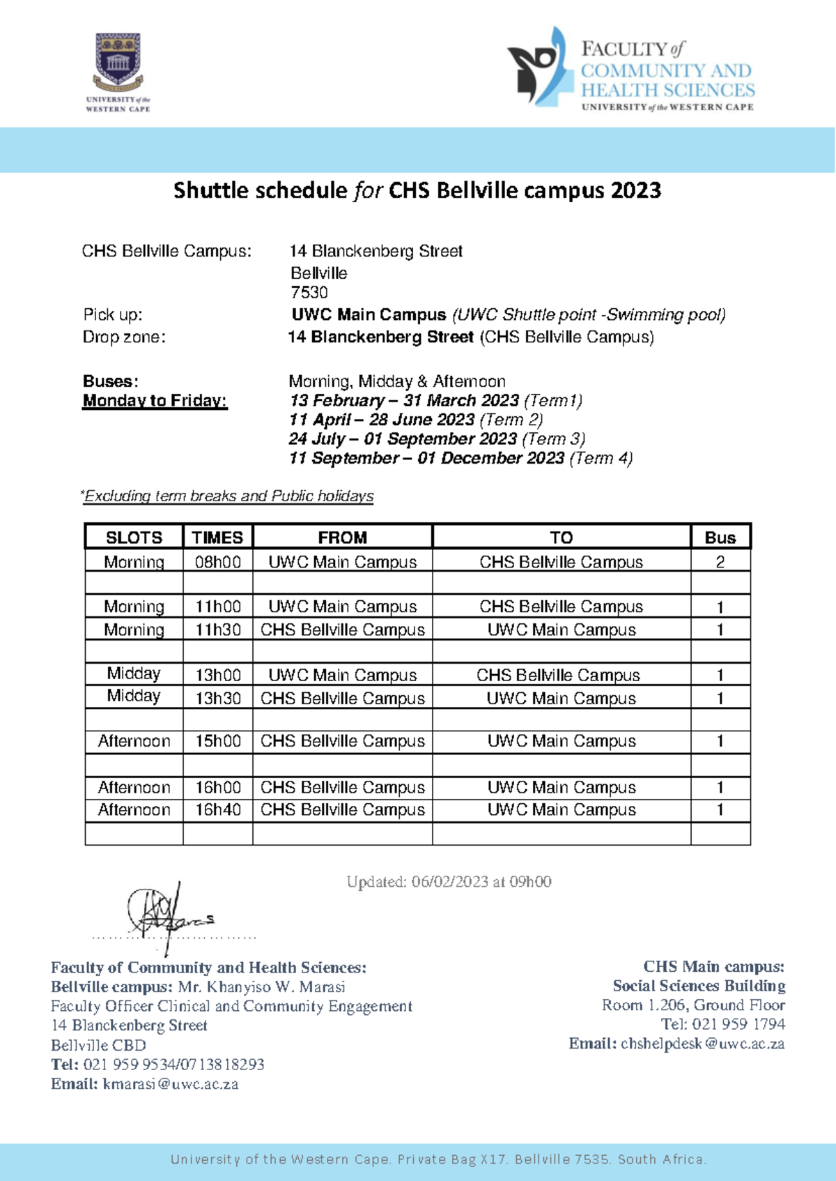 CHS Shuttle Schedule 100839 for Bellville Campus (2023) - Studocu