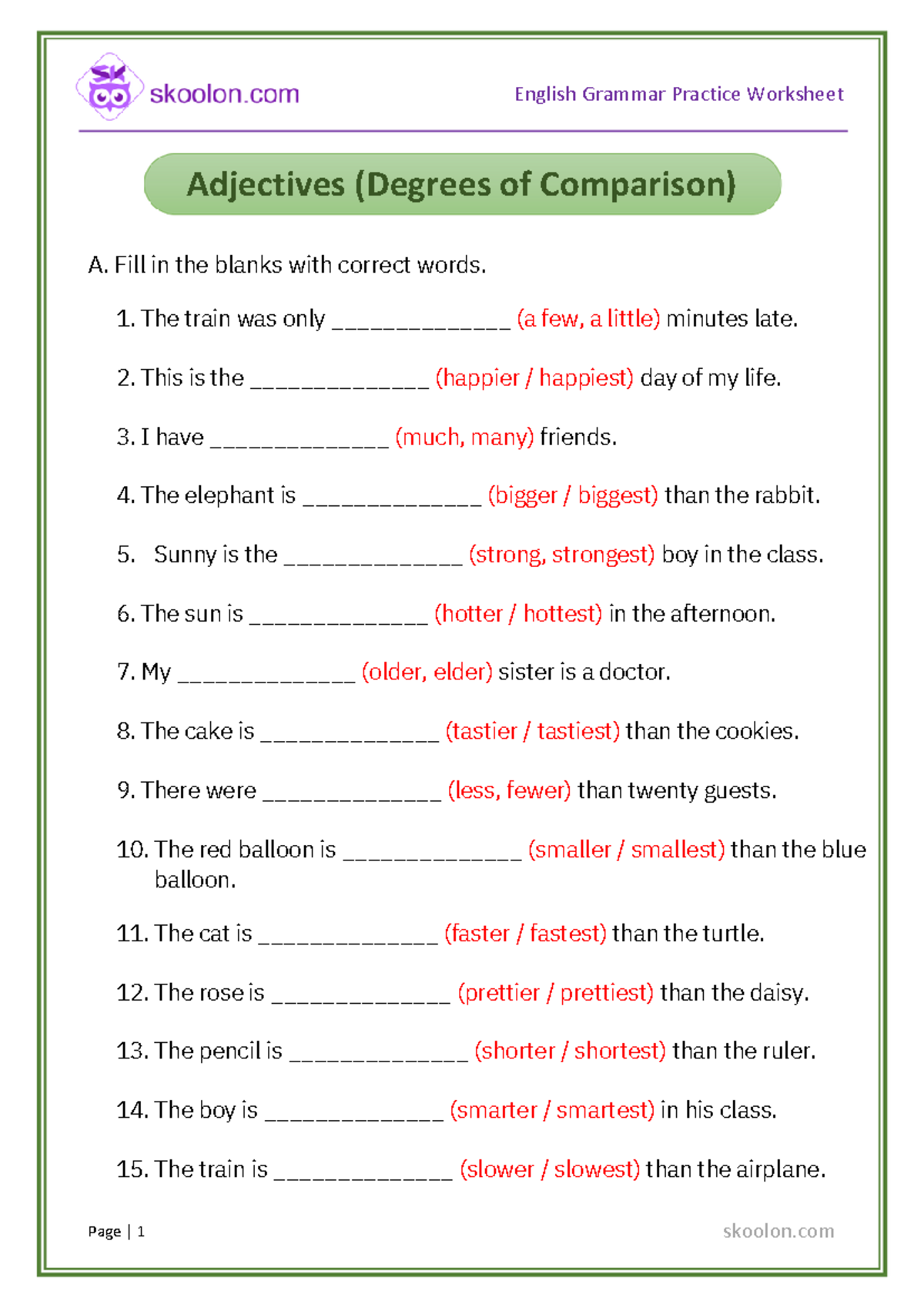 English Grammar Worksheet: Adjectives & Degrees of Comparison - Studocu