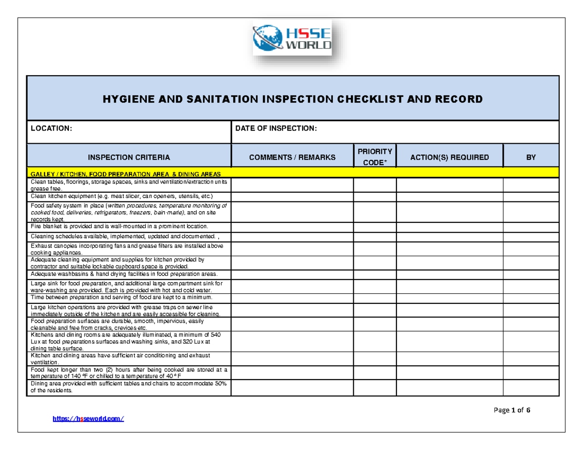 Hygiene AND Sanitation Inspection Checklist - Page 1 of 6 HYGIENE AND ...