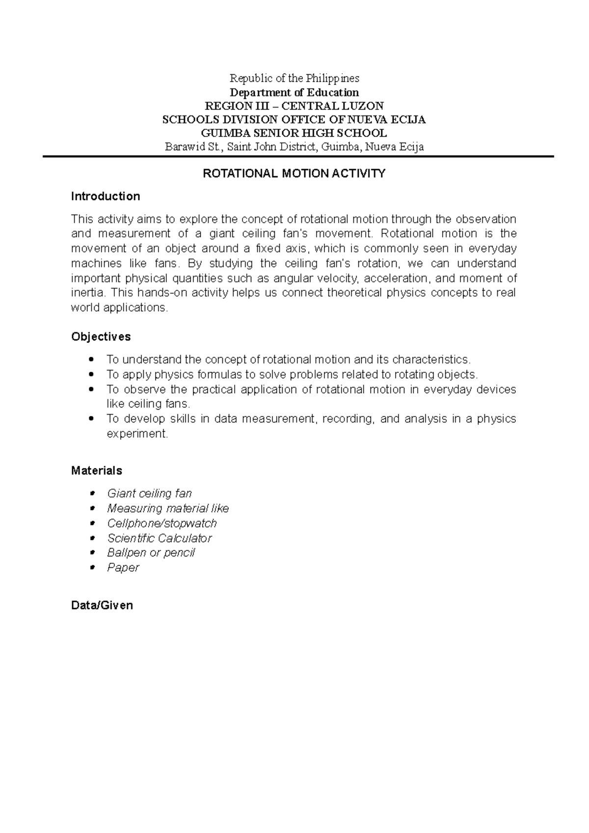 PHYS 101: Rotational Motion Activity and Observations - Studocu