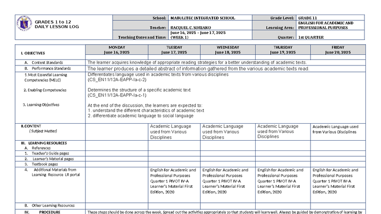 DLL EAPP GRADE 11 1st Quarter Lesson Plan - Week 1 - Studocu