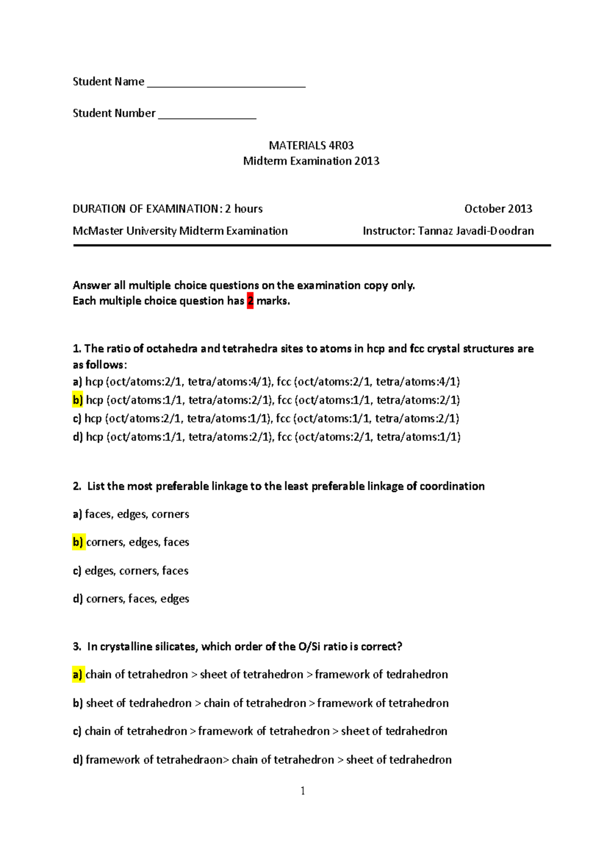 Matls 4R03 Midterm Exam Solutions - October 2013 - Studocu