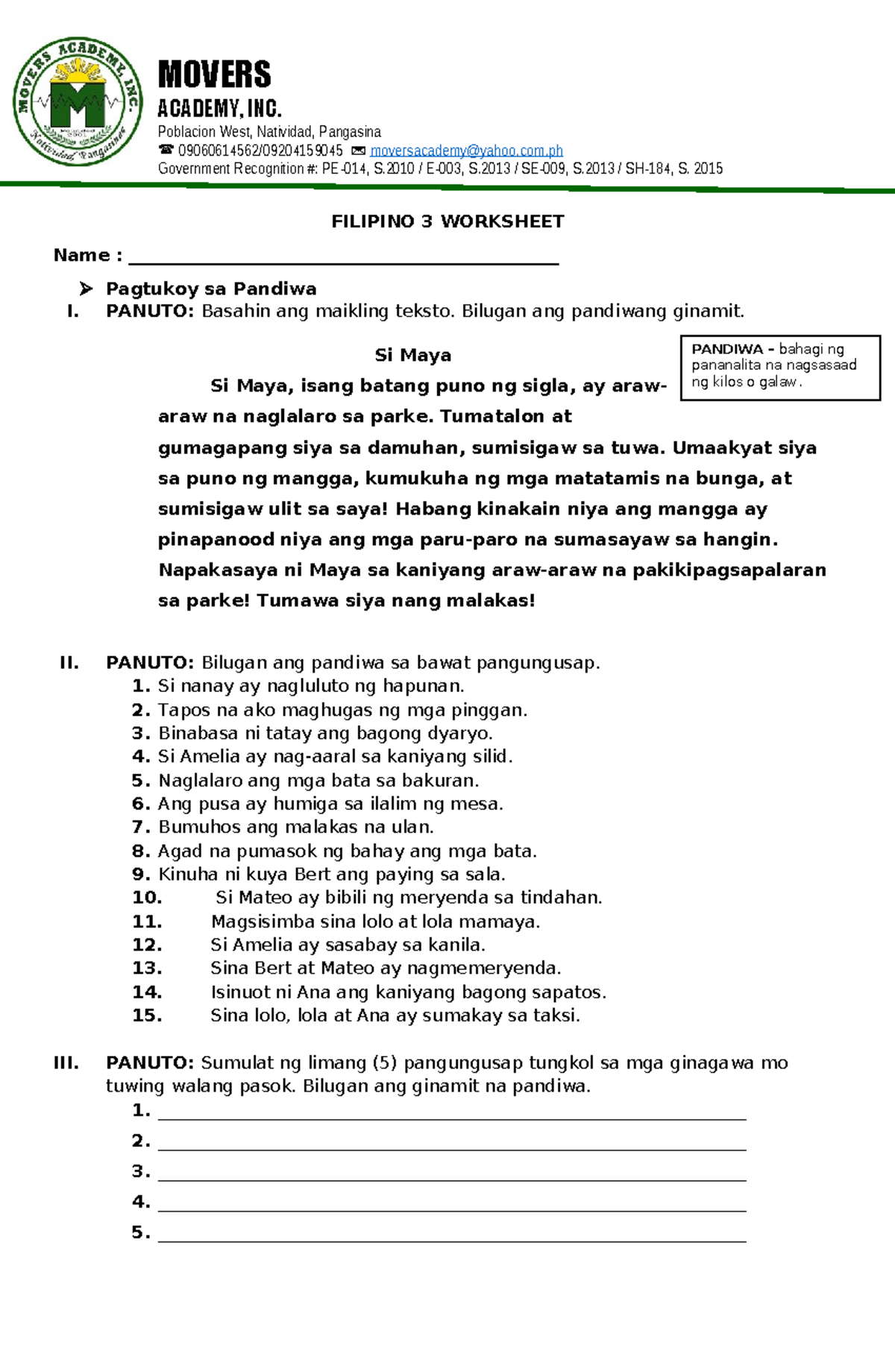 Filipino 3 Worksheet: Pagtukoy sa Pandiwa Activities - Studocu