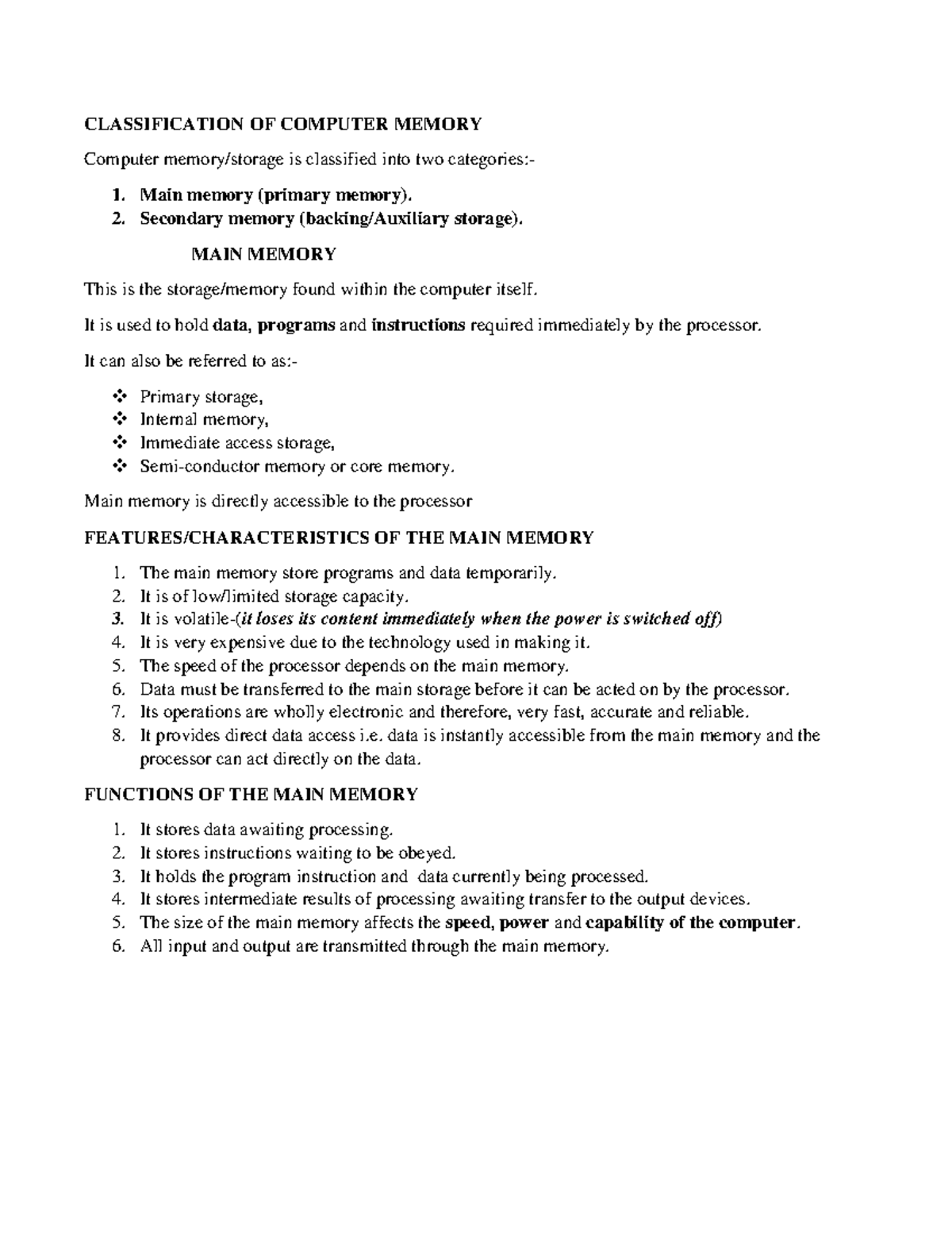 Classification OF Computer Memory - CLASSIFICATION OF COMPUTER MEMORY ...