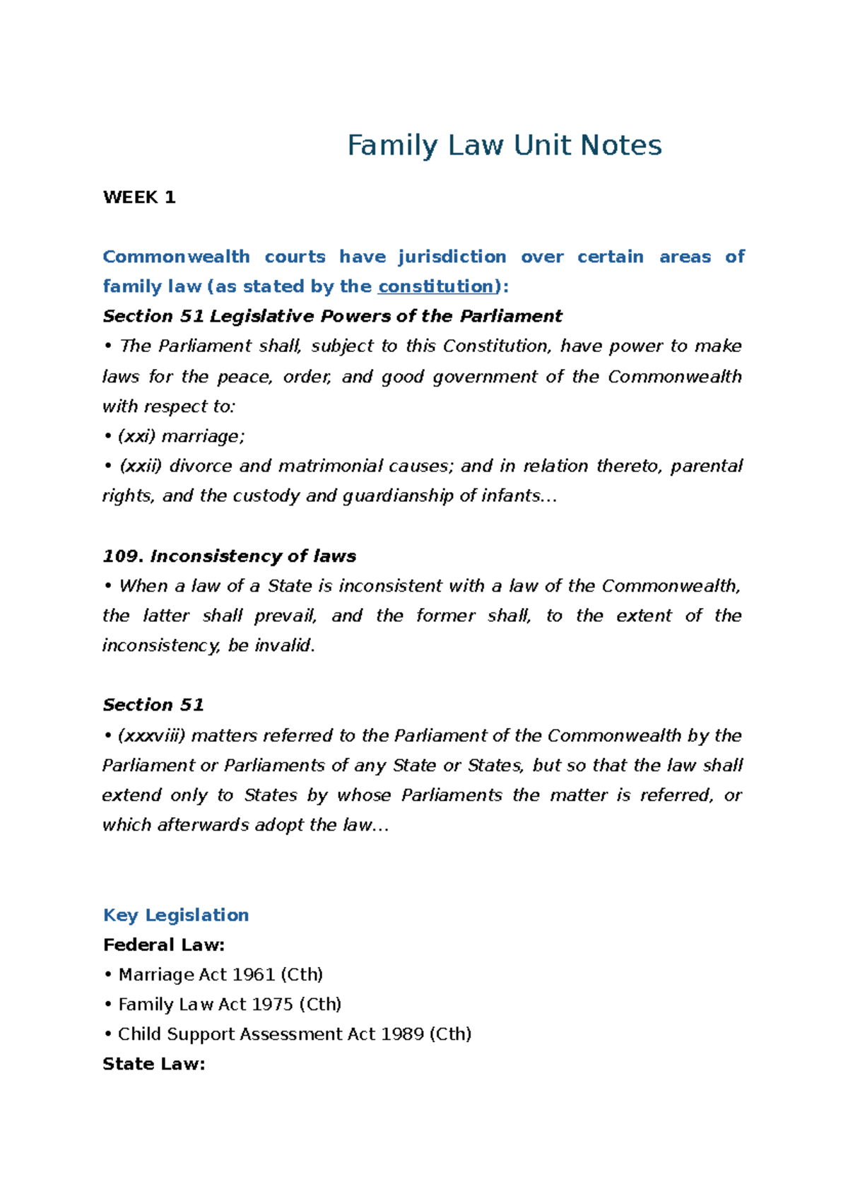 Family Law Unit Notes: Week 1 Overview of Jurisdiction and Key ...