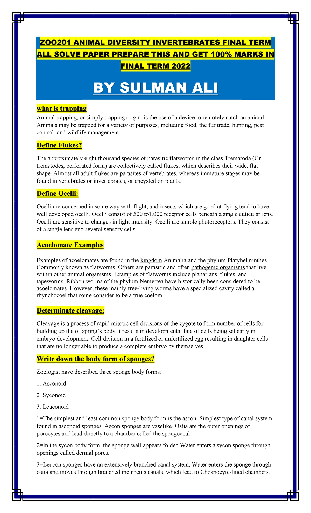 ZOO512T ANIMAL DIVERSITY INVERTEBRATES FINAL TERM STUDY GUIDE 2022 ...