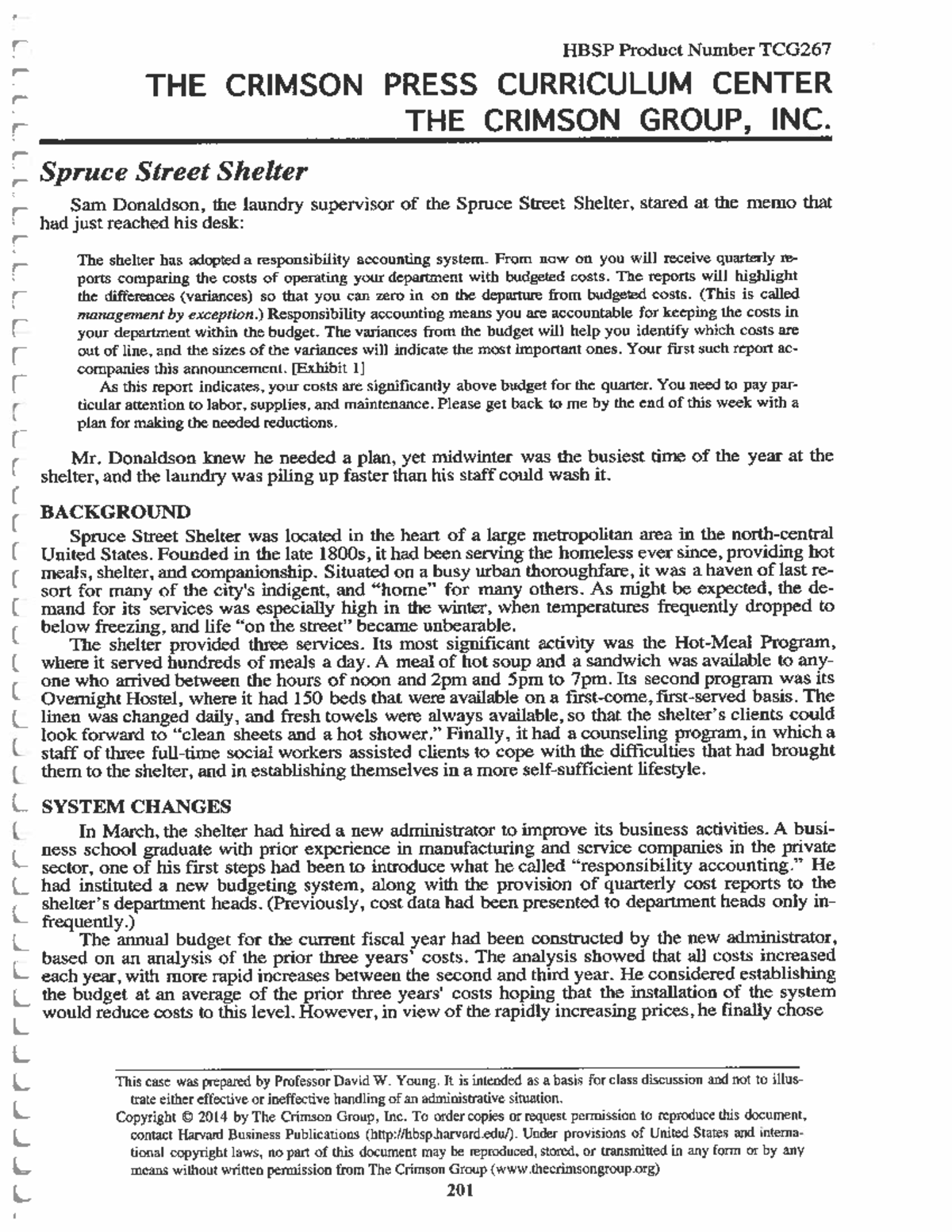TCG267 Case Study: Responsibility Accounting at Spruce Street Shelter ...