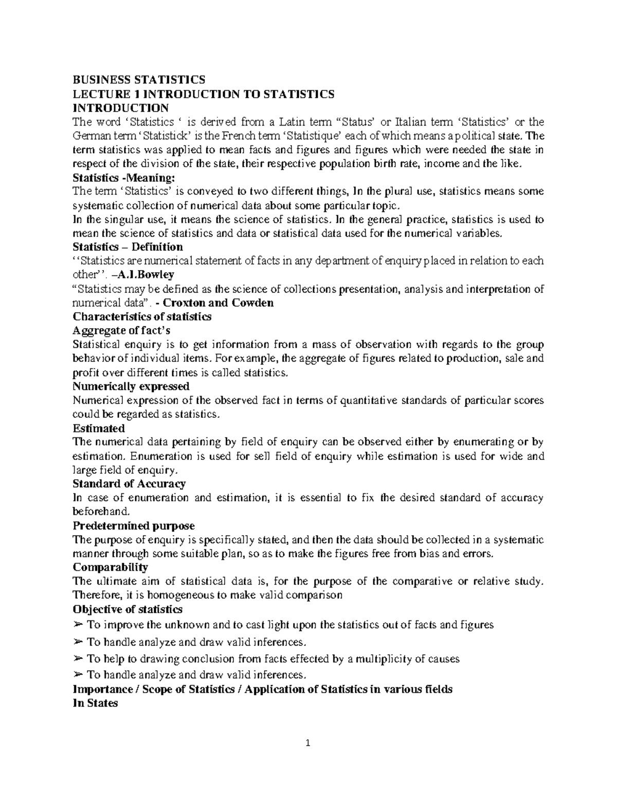 BUSINESS STATISTICS LECTURE 1: INTRODUCTION TO STATISTICS - Studocu