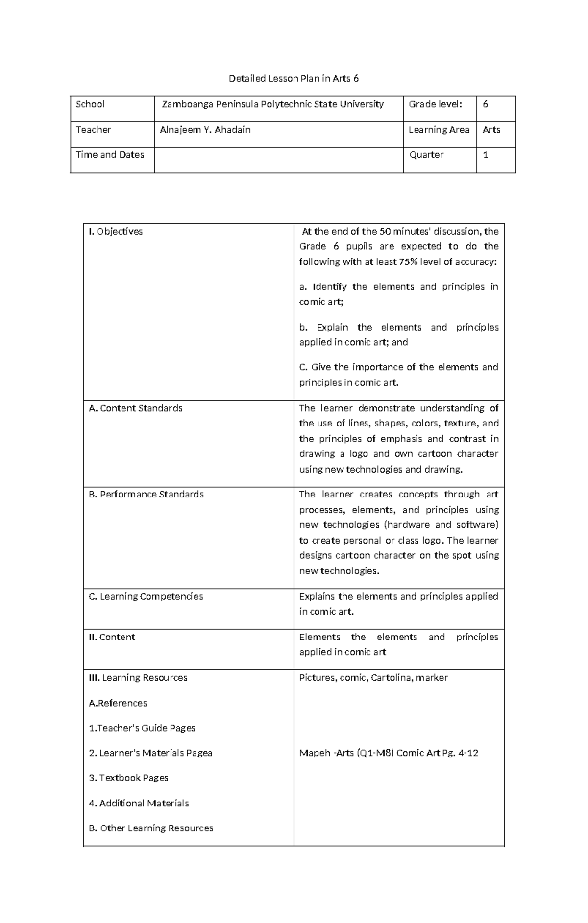 Detailed Lesson Plan in Arts 6: Comic Art Elements & Principles - Studocu