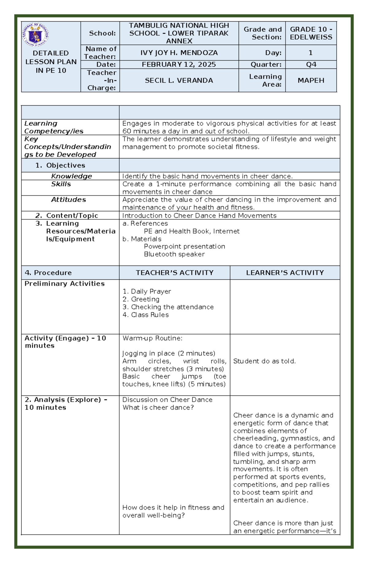 Q4 PE 10 LP - Lesson Plan for Cheer Dance Activities - Studocu