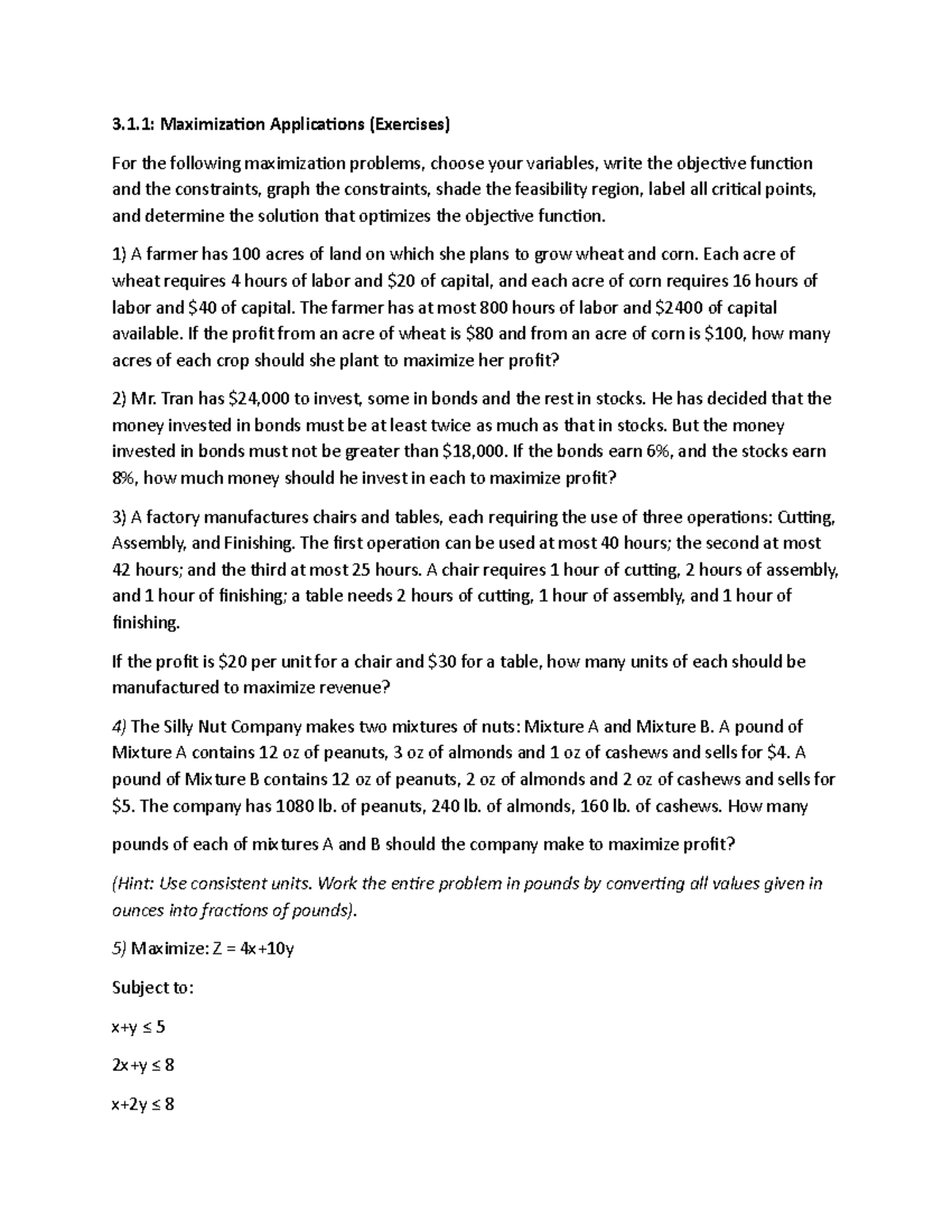 Maximization & Minimization in Linear Programming (Exercises) - Studocu