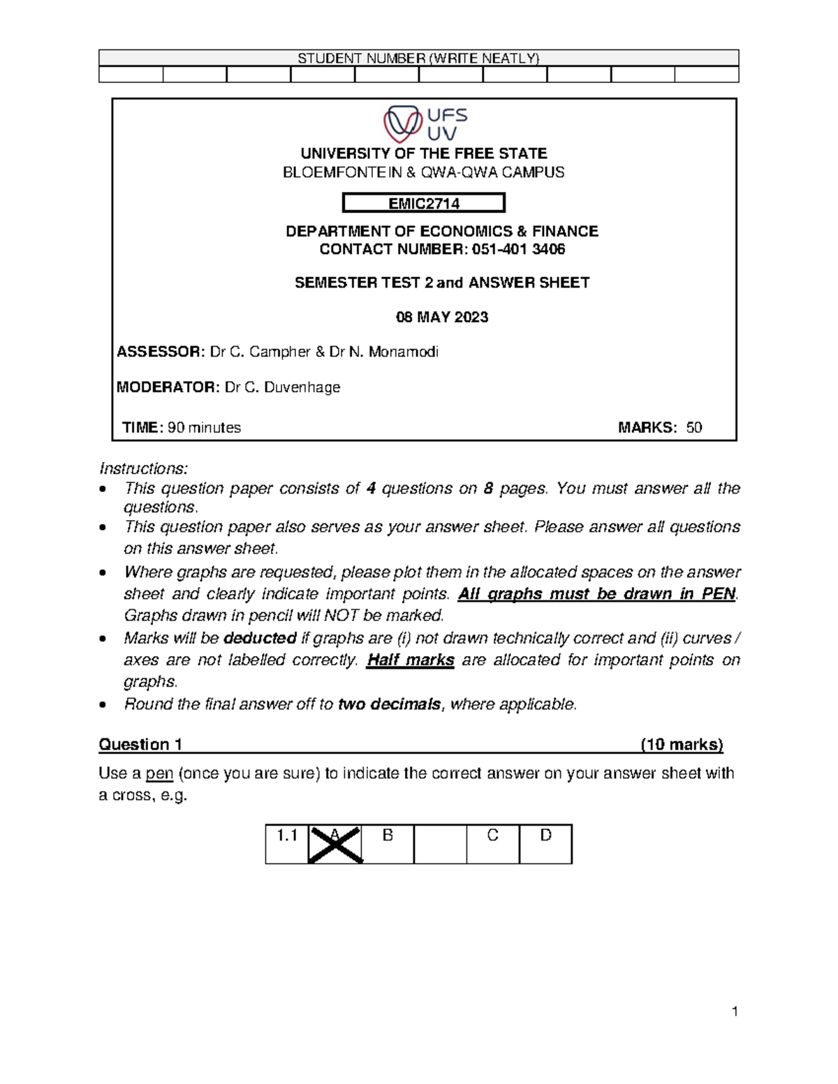 EMIC2714 MT2 Memo & Answer Sheet 2023 - Economics Exam - Studocu