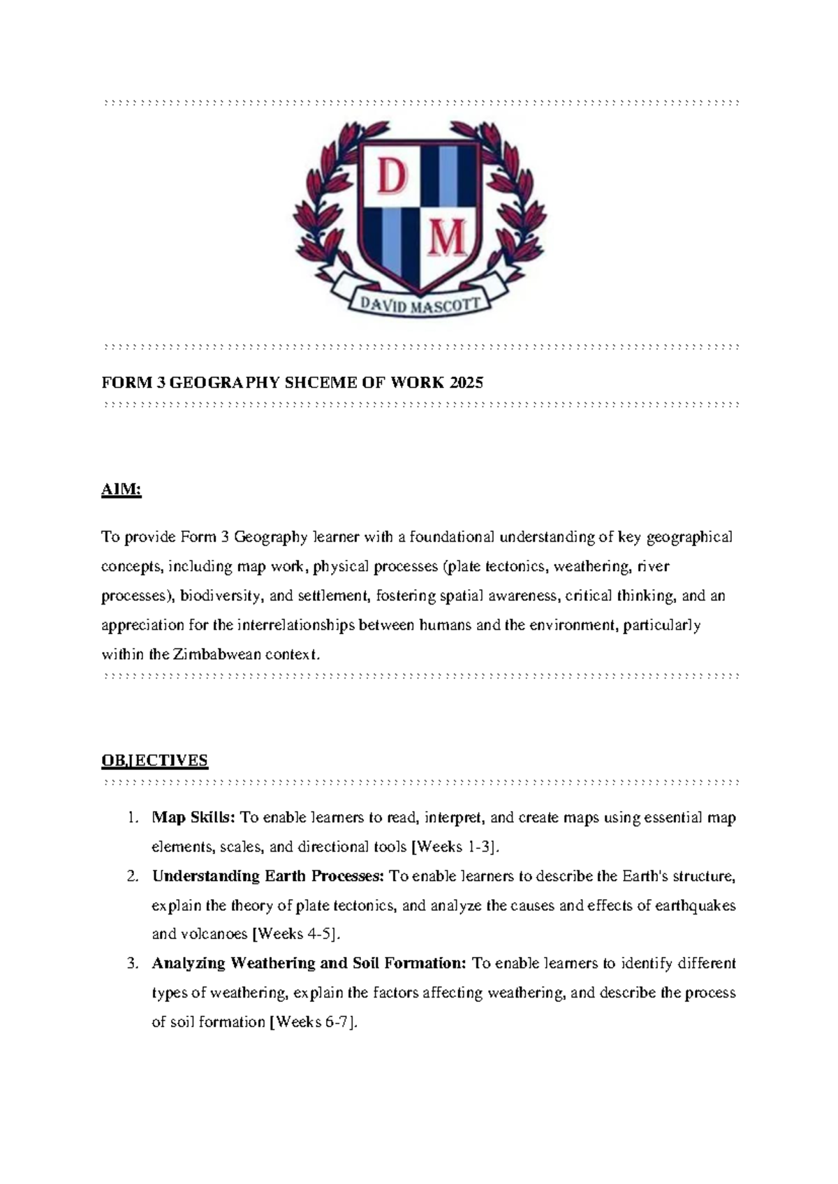 Form 3 Geography Scheme of Work 2025: Key Concepts & Skills - Studocu