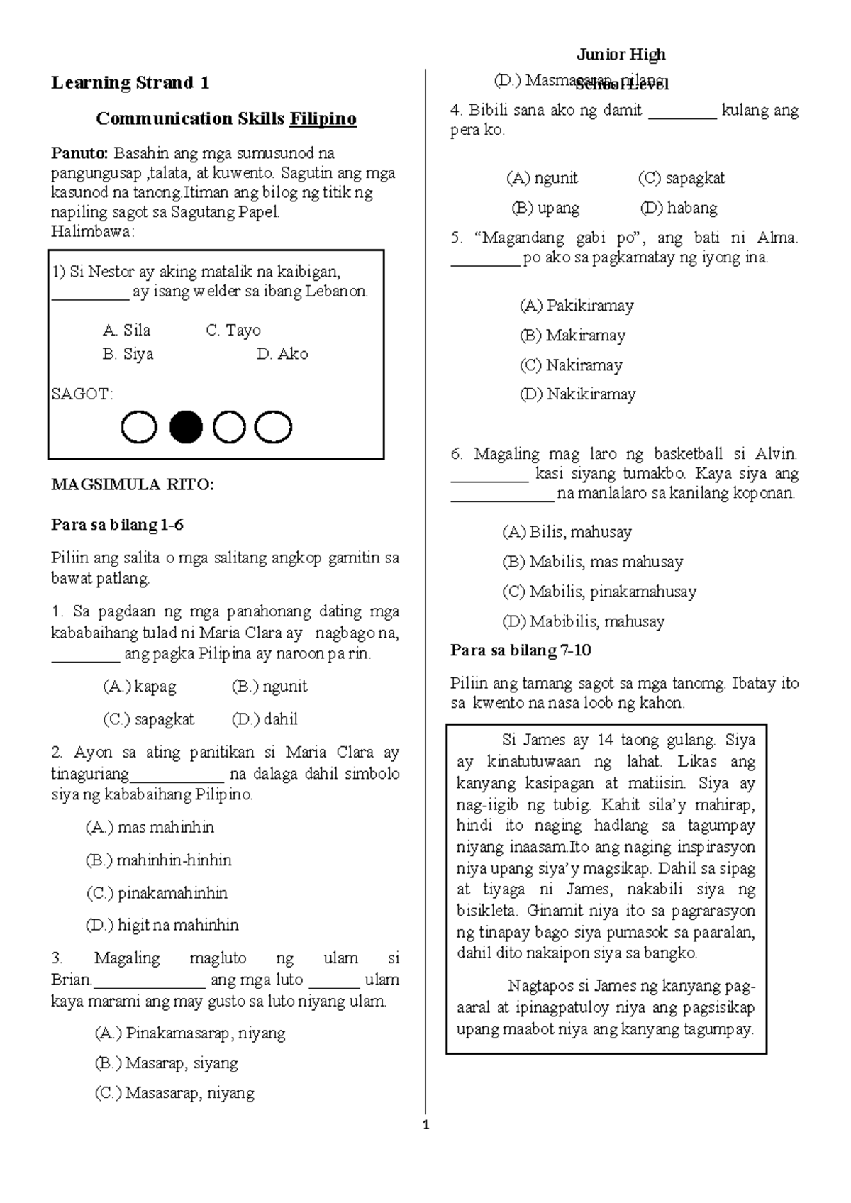 LS 1 Filipino (AERT) - Reviewer for Communication Skills - Studocu