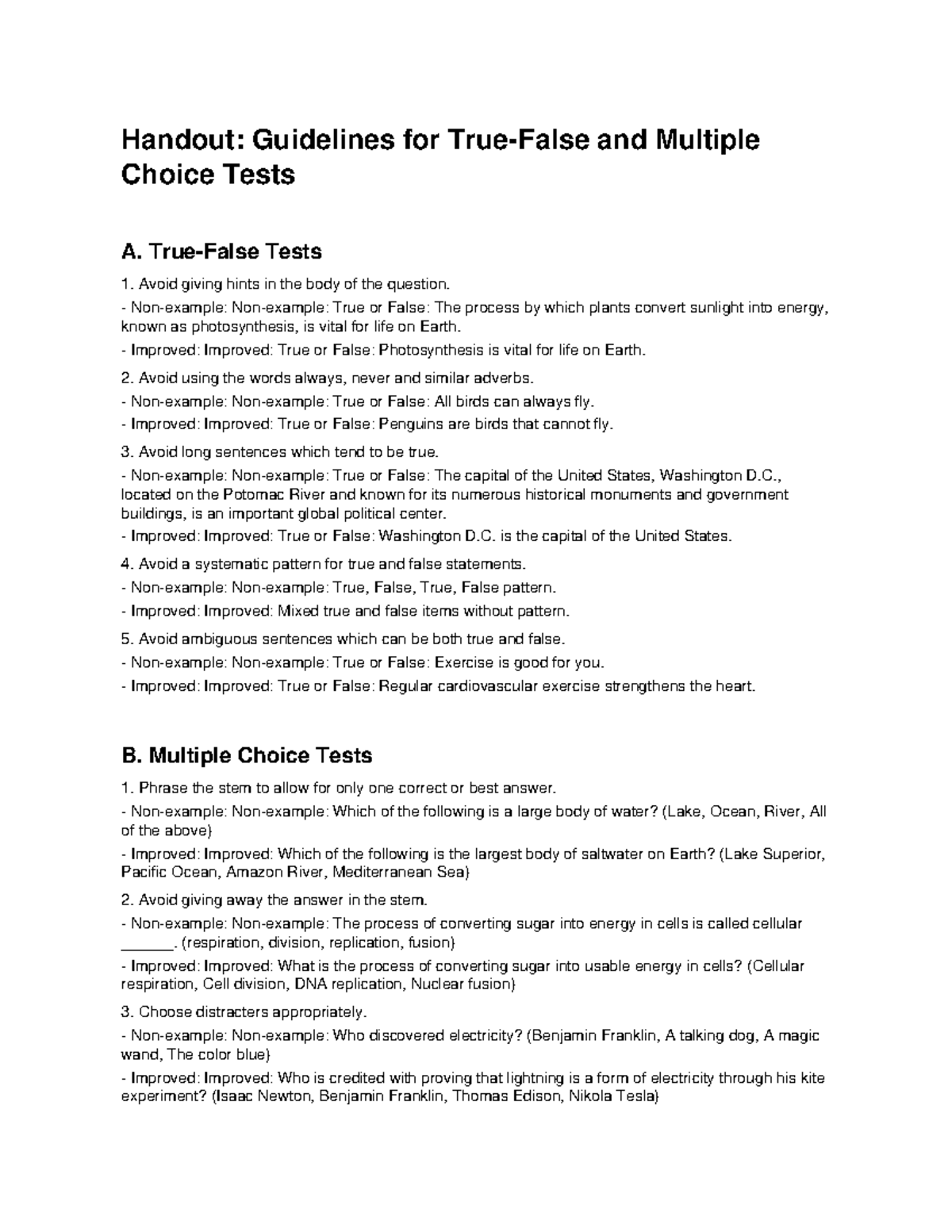 Test Item Handout: Guidelines for MC Tests and Improvements - Studocu