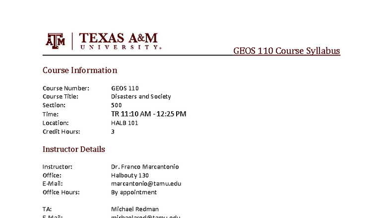 GEOS 110 Syllabus: Disasters and Society Course Overview - Studocu