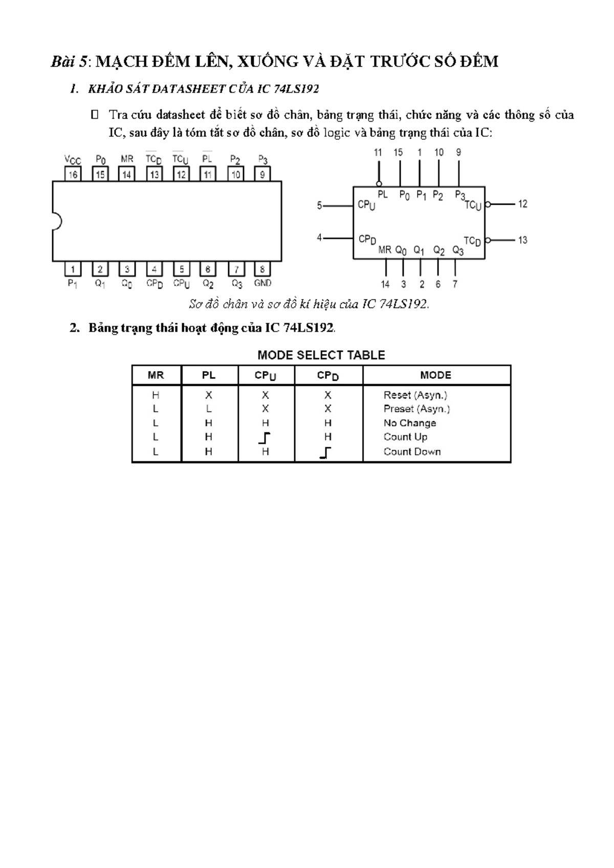 Bài 5: Mạch Đếm Đặt Trước Số Đếm và Ứng Dụng IC 74LS - Studocu