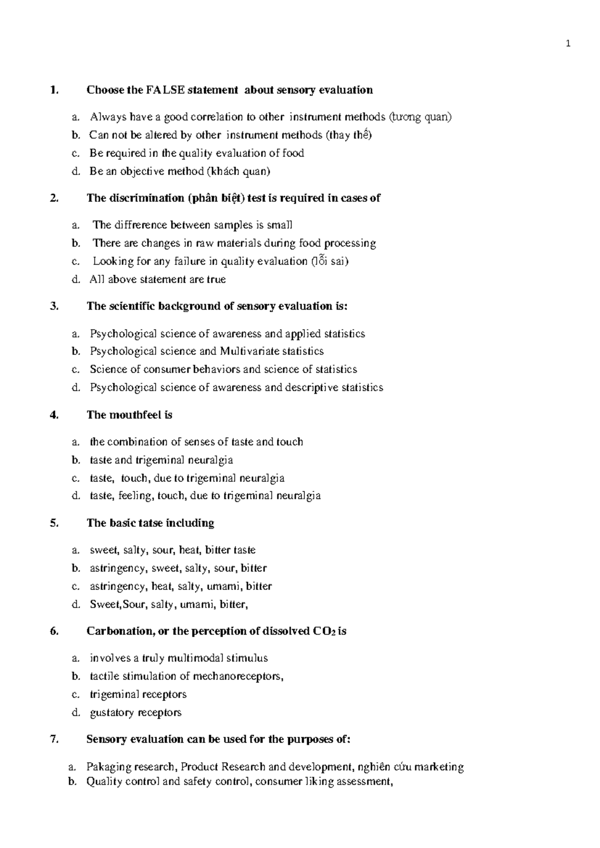 Sensory Evaluation Quiz and Test Questions (Clc-Final) - Studocu