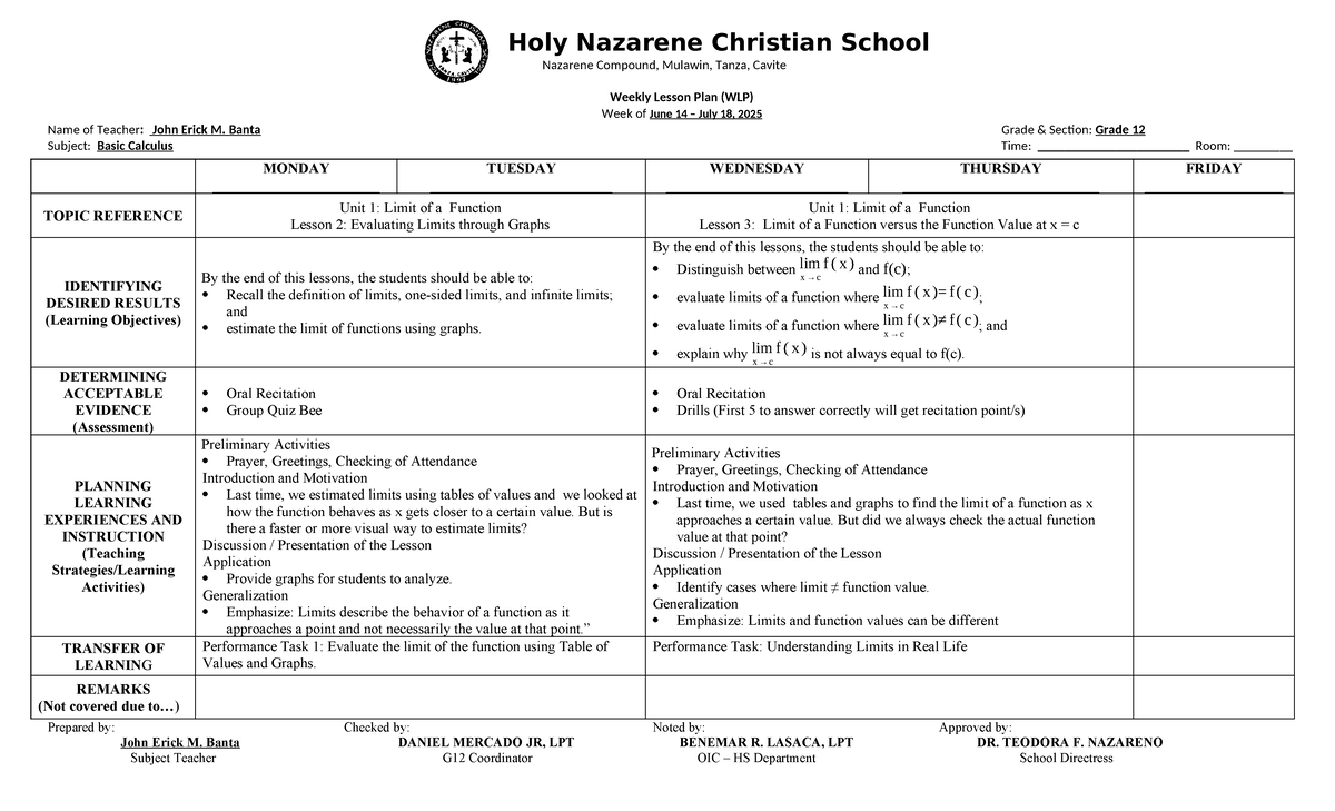 WLP: Grade 12 Basic Calculus Lesson Plan (June 14 - July 18, 2025 ...