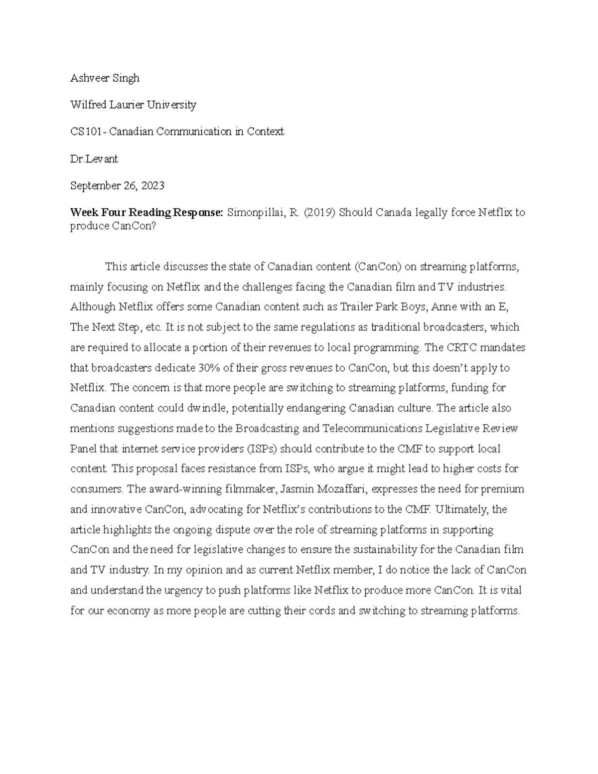 CS101 - Week 4 reading response - Ashveer Singh Wilfred Laurier ...