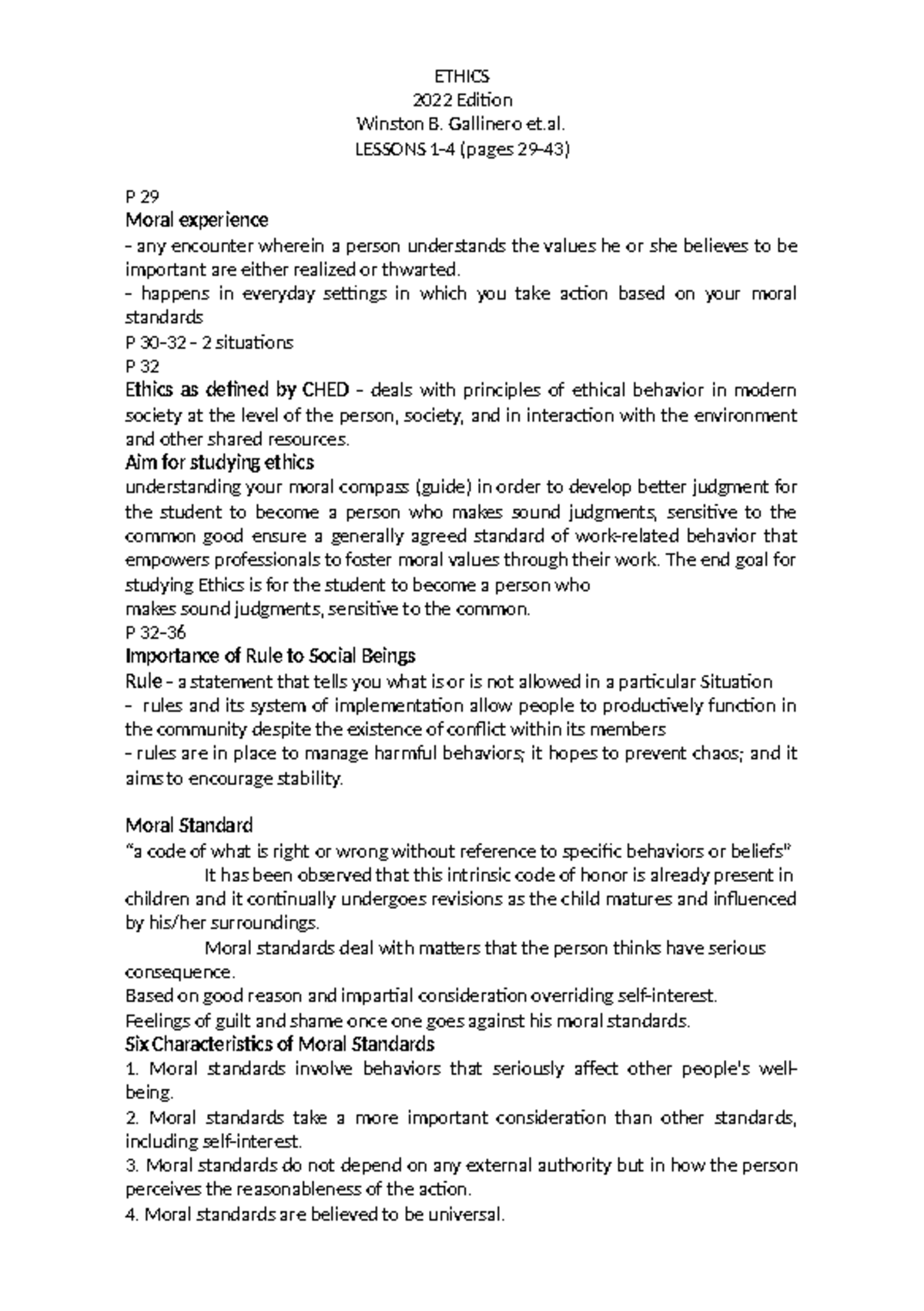 Ethics Lessons 1-4 Overview (Pages 29-43) - Key Concepts - Studocu