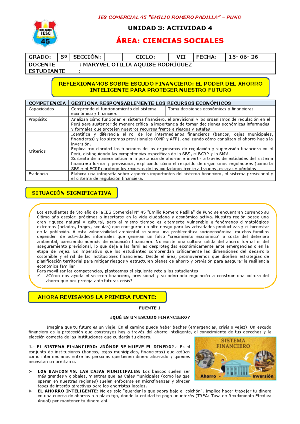 IES COMERCIAL 45 ROMERO PUNO UNIDAD 3: ACTIVIDAD 4 - ESCUDO FINANCIERO ...