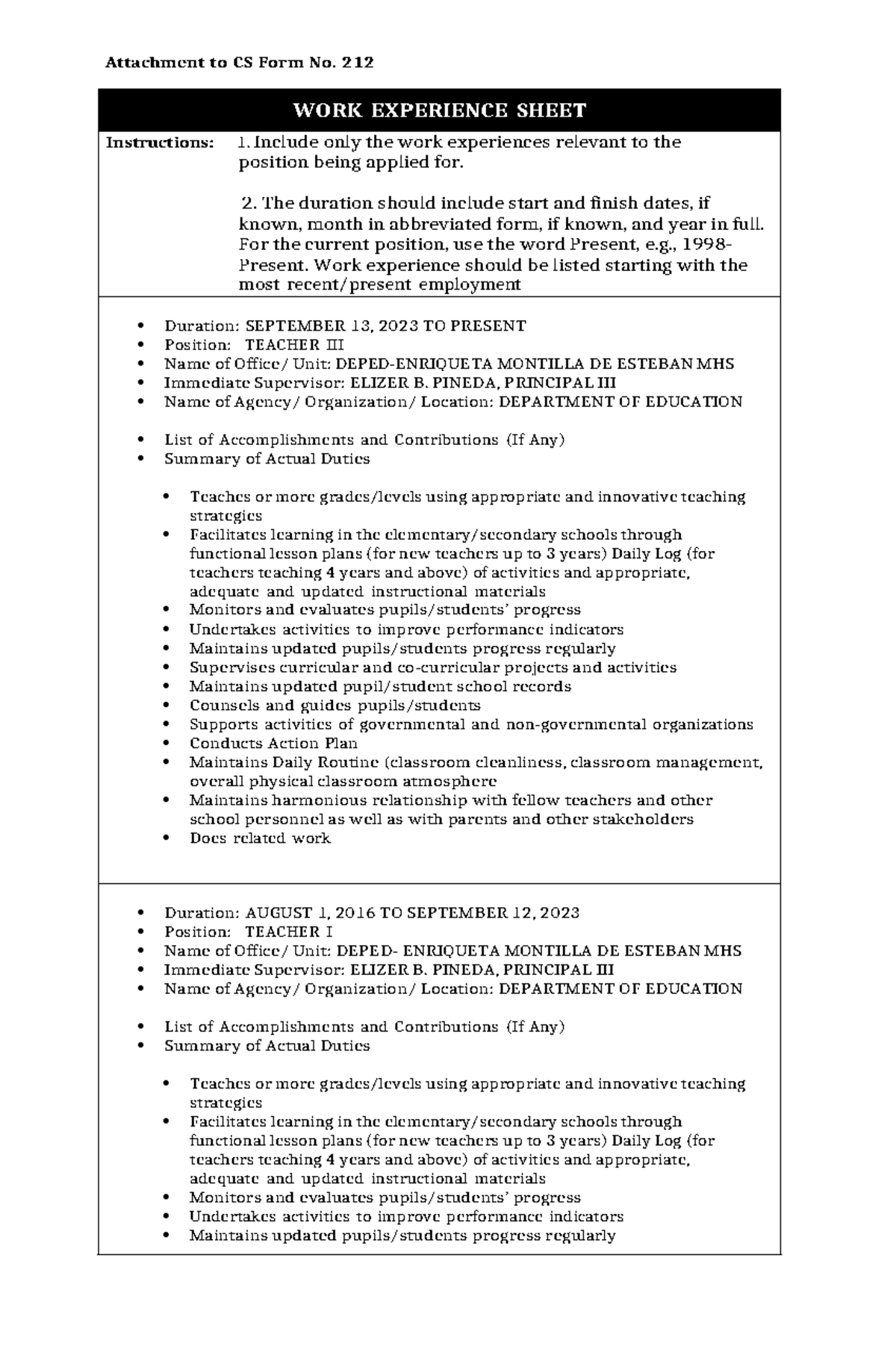 Work Experience Sheet Sample for Teacher III | CS Form No. 212 - Studocu