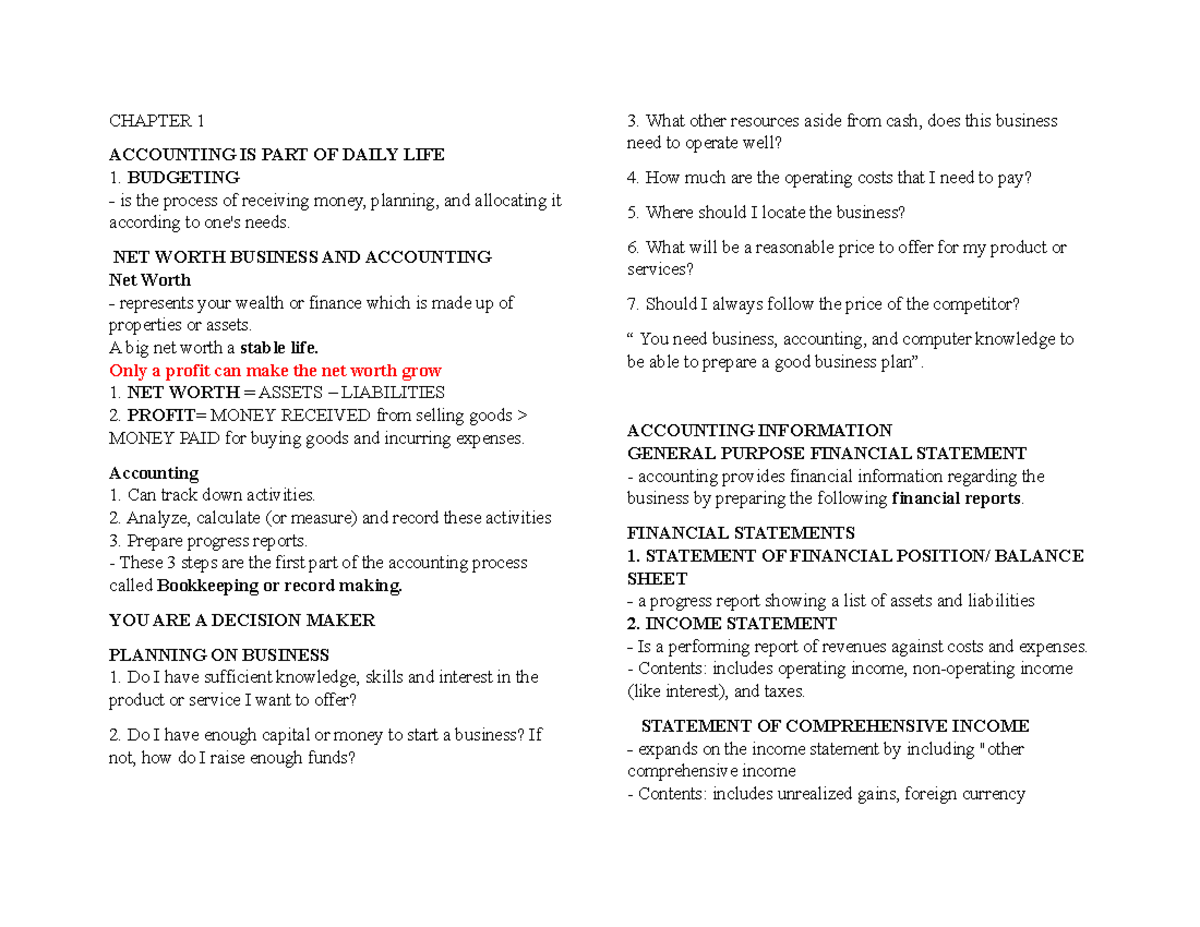 Chapter 1 - Accounting 1 - CHAPTER 1 ACCOUNTING IS PART OF DAILY LIFE 1 ...