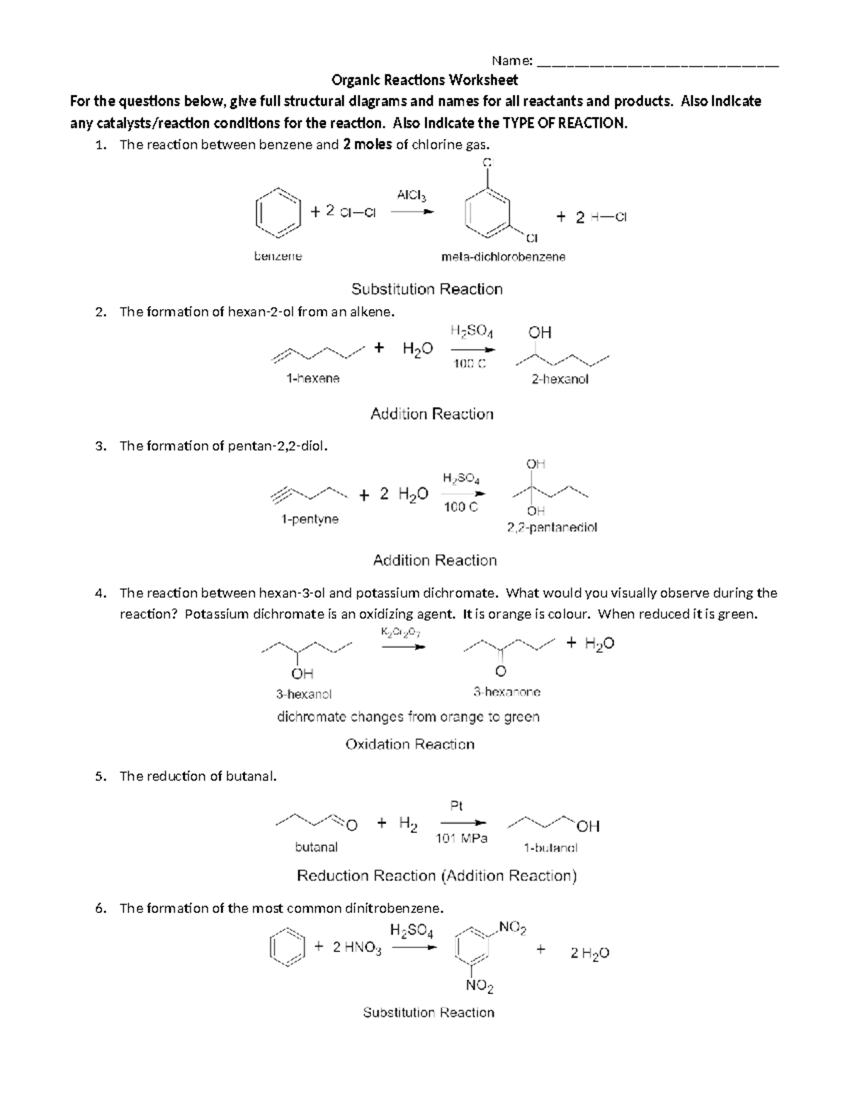 Organic Reactions Worksheet Answers: Detailed Reaction Types and ...