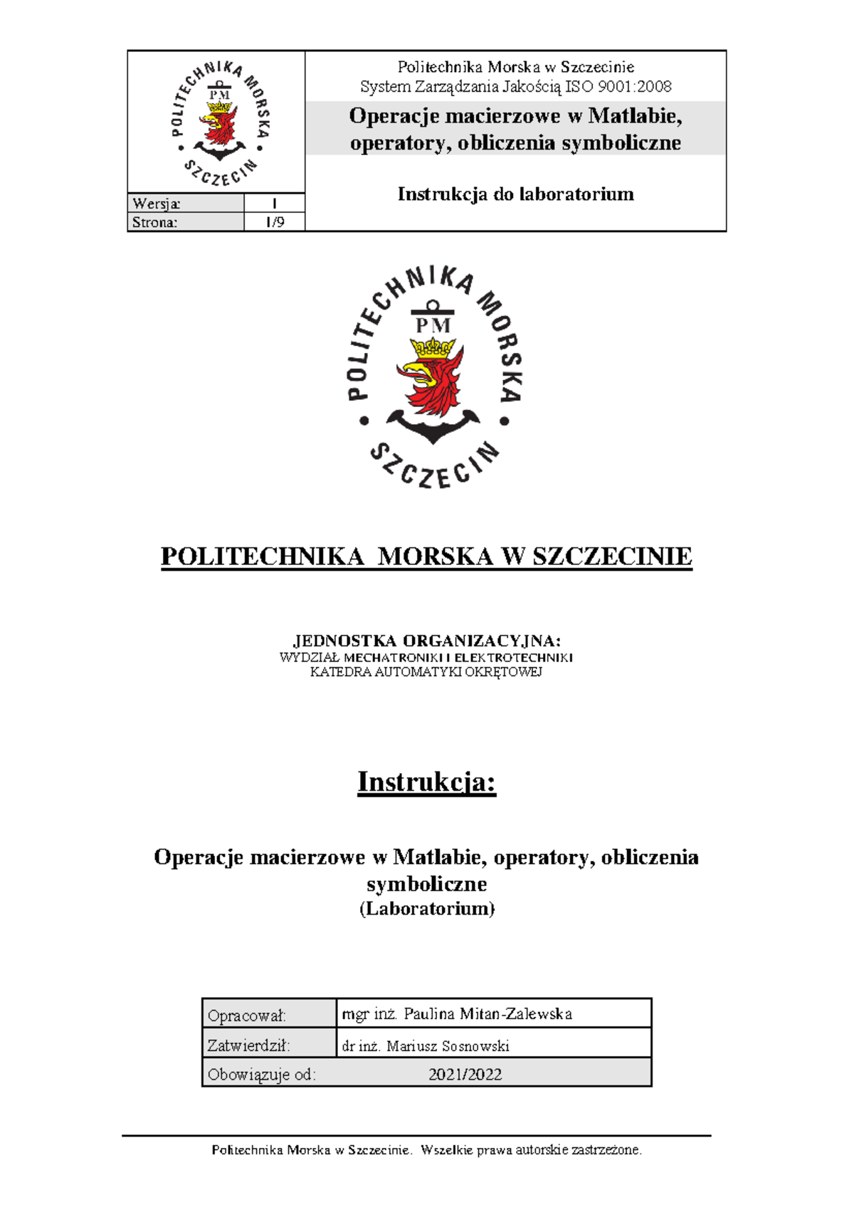 LAB 12 - Macierzowe operacje i obliczenia symboliczne w Matlabie - Studocu
