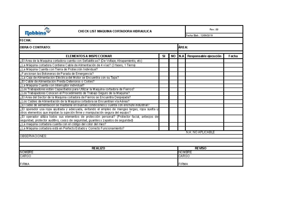 Check List Maquina Cortadora Hidraulica - Rev. 00 - Studocu