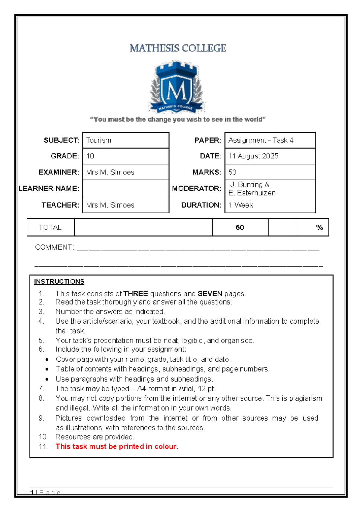 Grade 10 Tourism Assignment Task 4 - Term 3 2025 - Studocu
