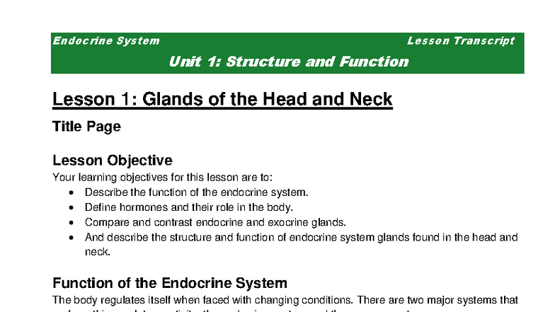 Endocrine System Lesson Transcript: Unit 1 Structure & Function - Studocu