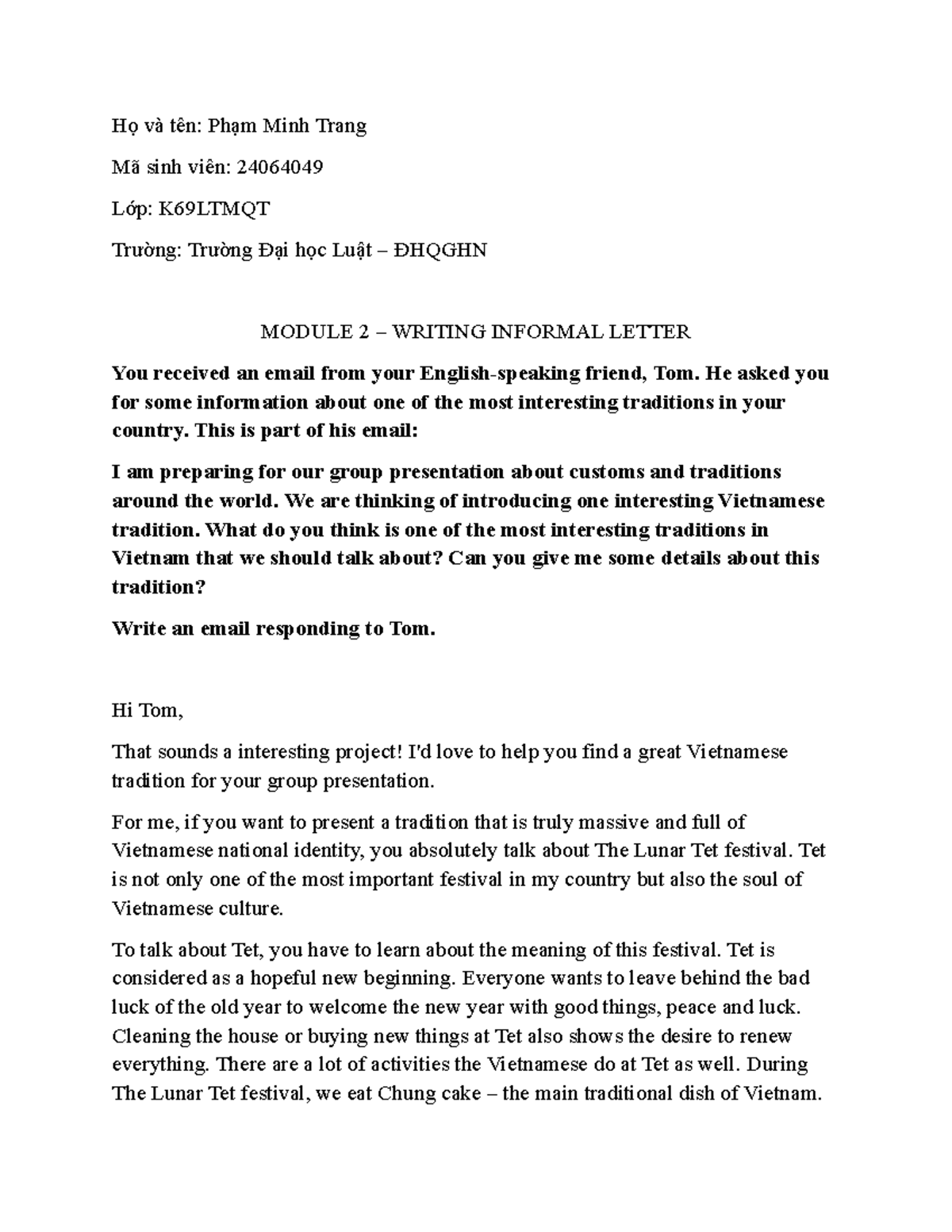 K69LTMQT Module 2: Writing Informal Letter on Vietnamese Tradition ...
