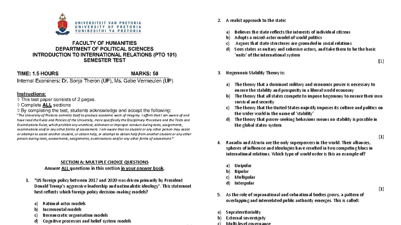 PTO 101 Oct 2023 - Final Exam Sample on Realist State Theory - Studocu