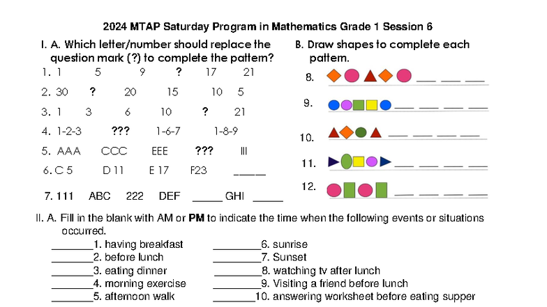 2024 MTAP Grade 1 Math Saturday Program Session 6 Activities - Studocu