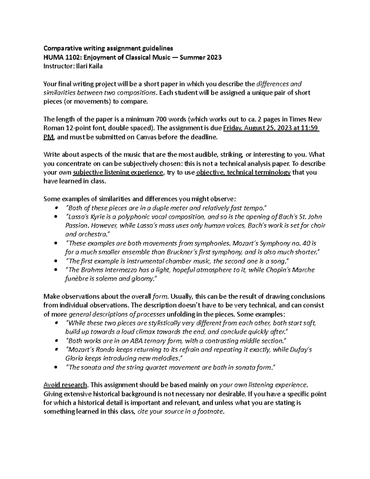 HUMA 1102 - Summer 2023 Comparative Writing Assignment Guidelines - Studocu