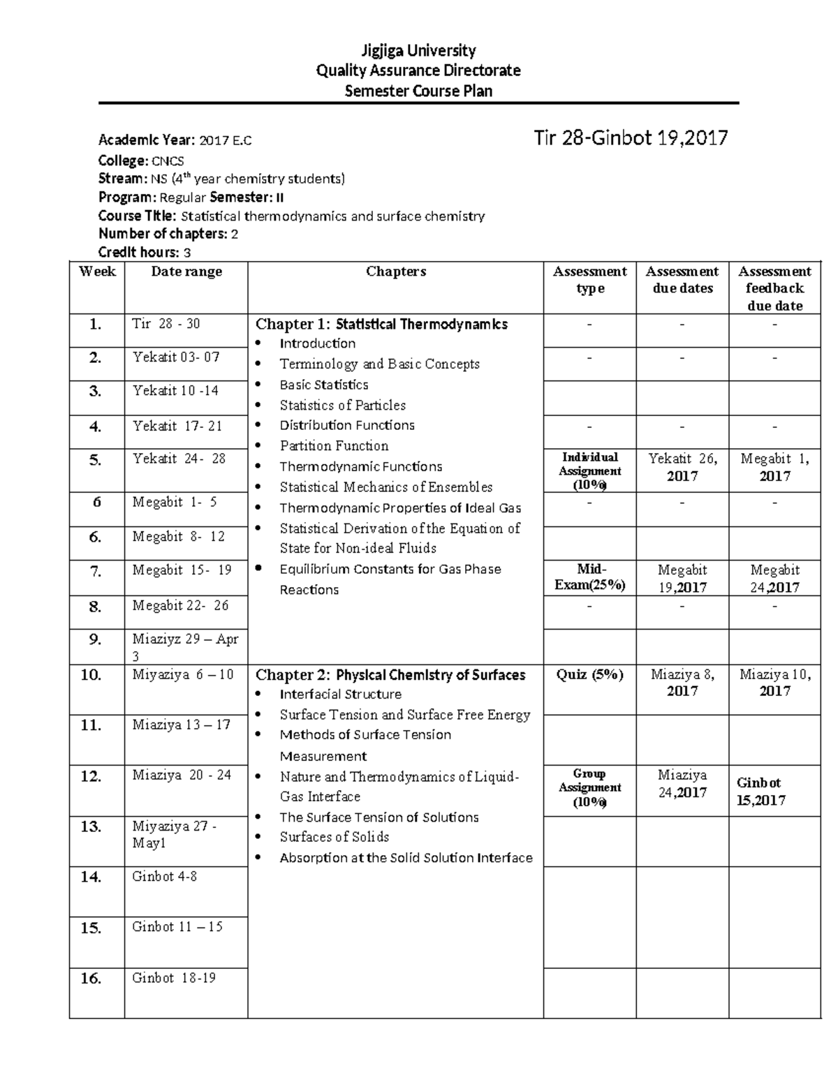 Jigjiga University CNCS 4th Year Course Plan: Stat. Thermodynamics ...