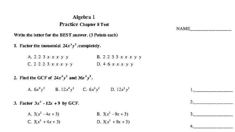 Algebra 1 (MATH101) Practice Chapter 8 Test Questions - Studocu