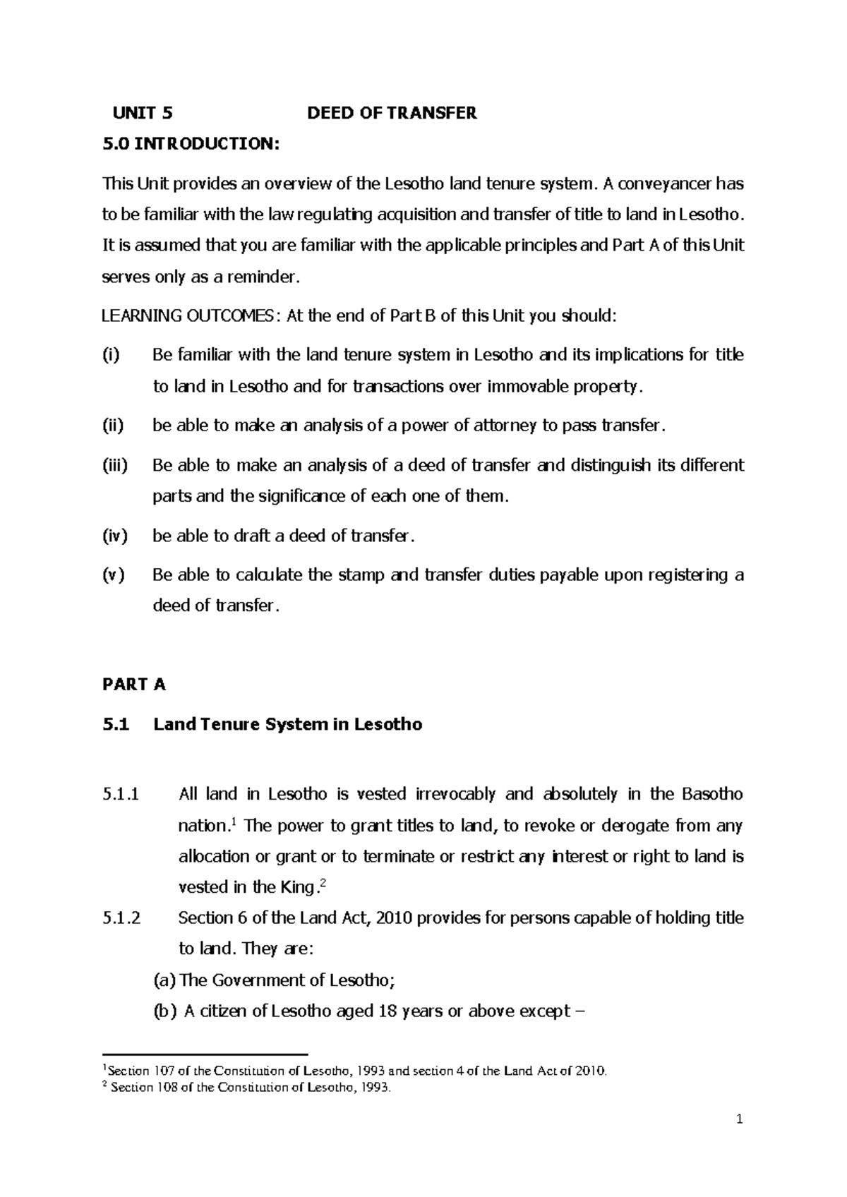 Unit 5 - Overview of Lesotho's Deed of Transfer System - Studocu