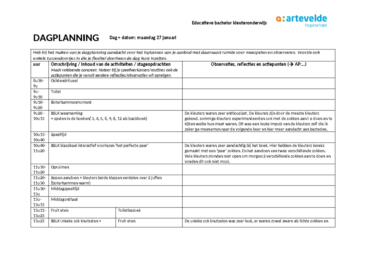 Dagplanning Educatieve Bachelor KLO Maandag 27 Januari - Studocu