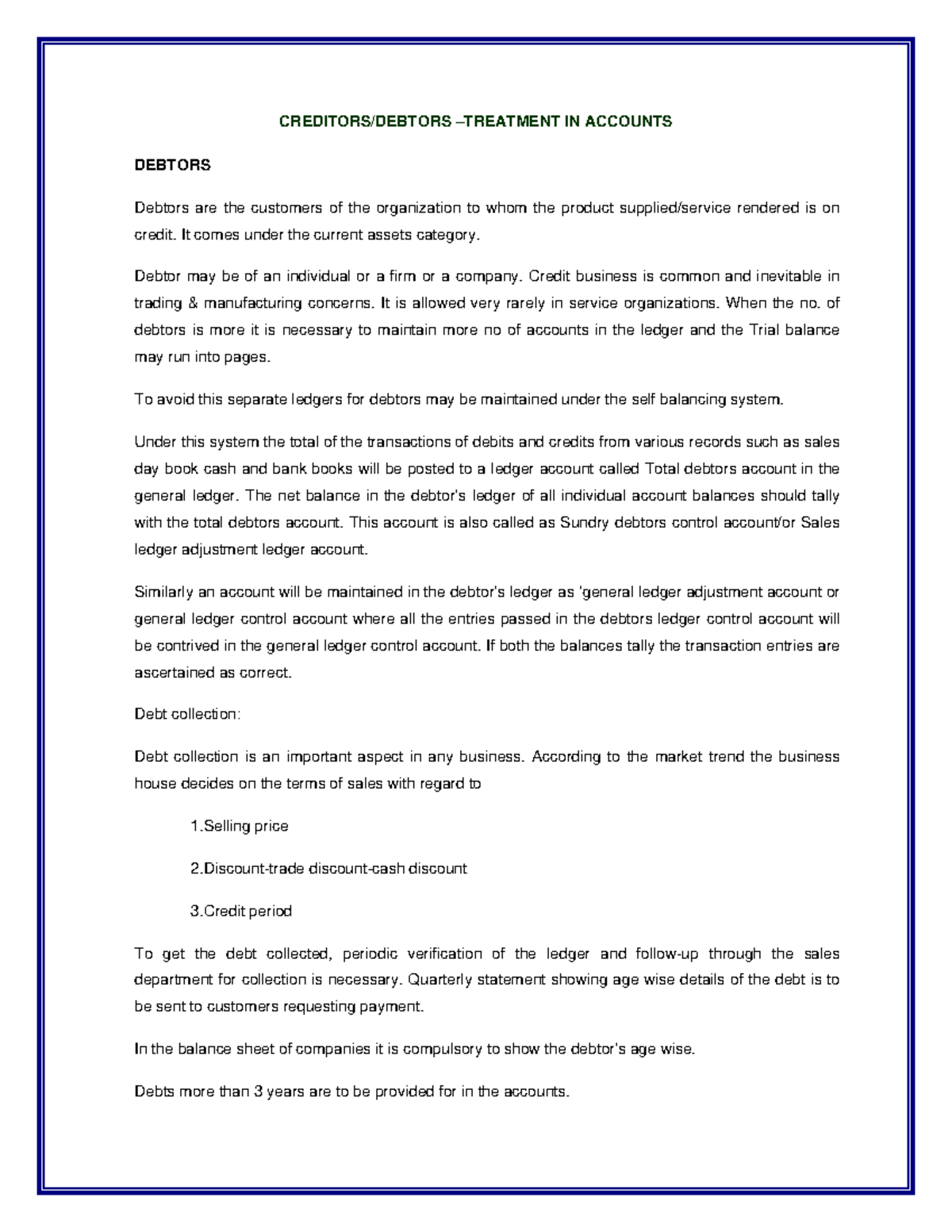 Debtors and Creditors note summary - CREDITORS/DEBTORS –TREATMENT IN ...