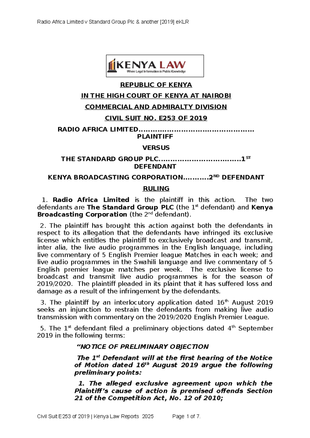 Civil Suit E253 of 2019: Ruling on Broadcasting Rights Dispute - Studocu