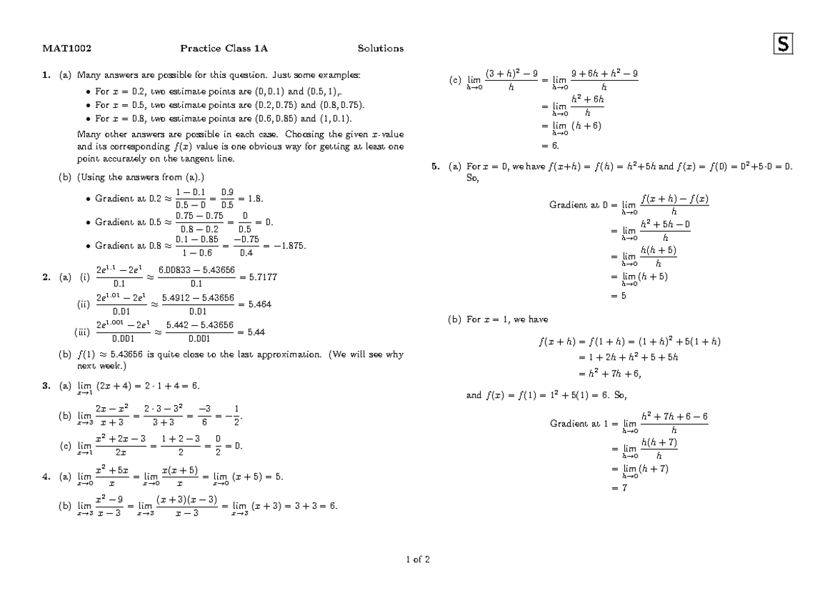 MAT1002 Practice Class 1A Worksheet Solutions - Studocu