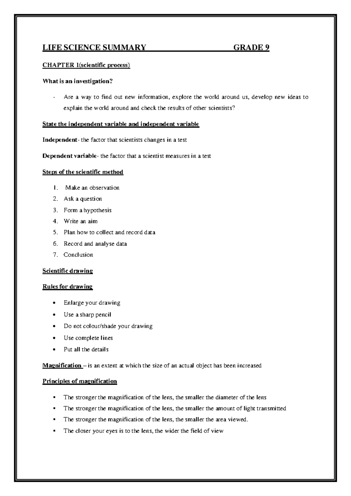 Grade 9 Life Science Summary Notes: Key Concepts and Topics - Studocu