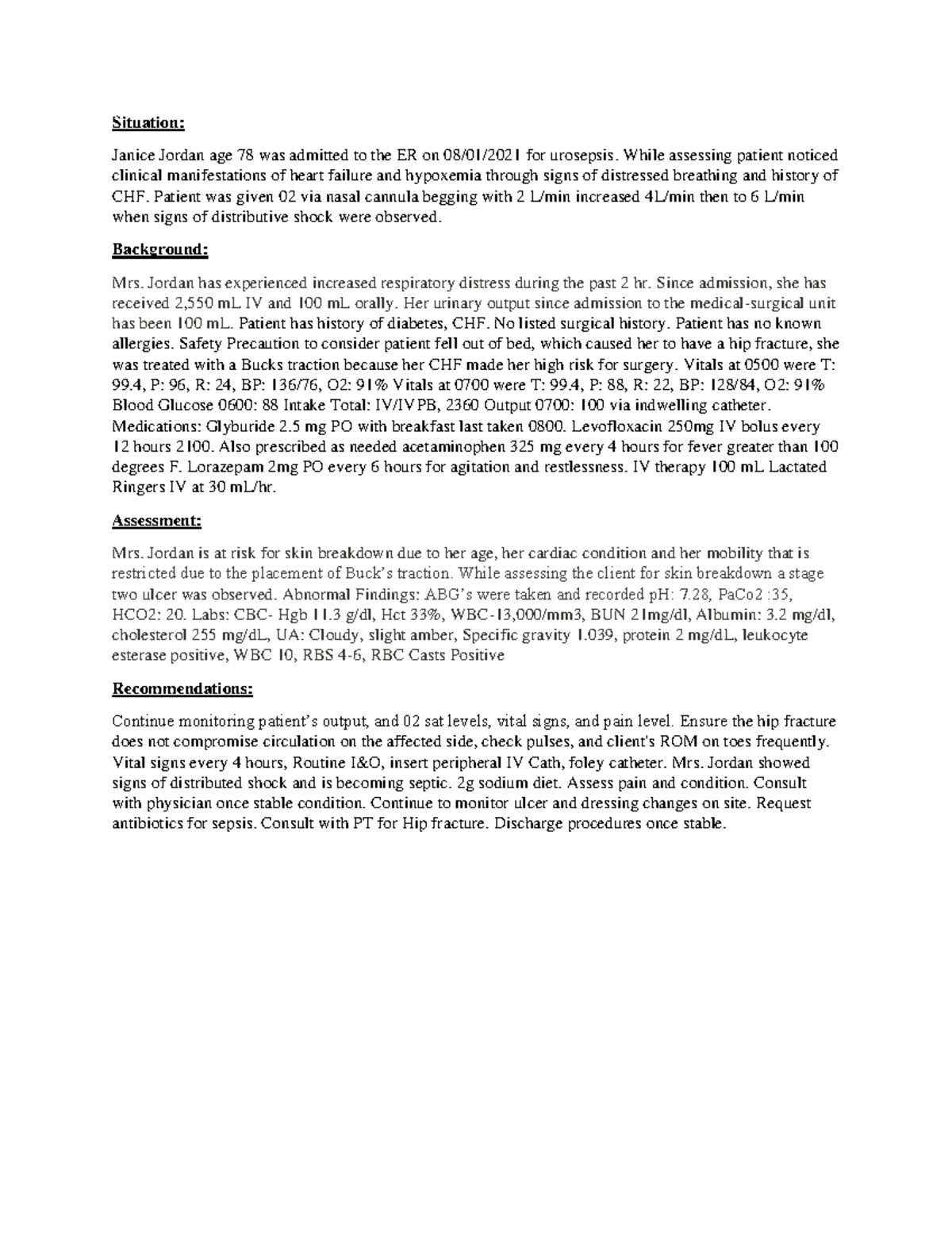 SBAR Medsurg 3.0 Case Study: Patient Janice Jordan's Care Plan - Studocu