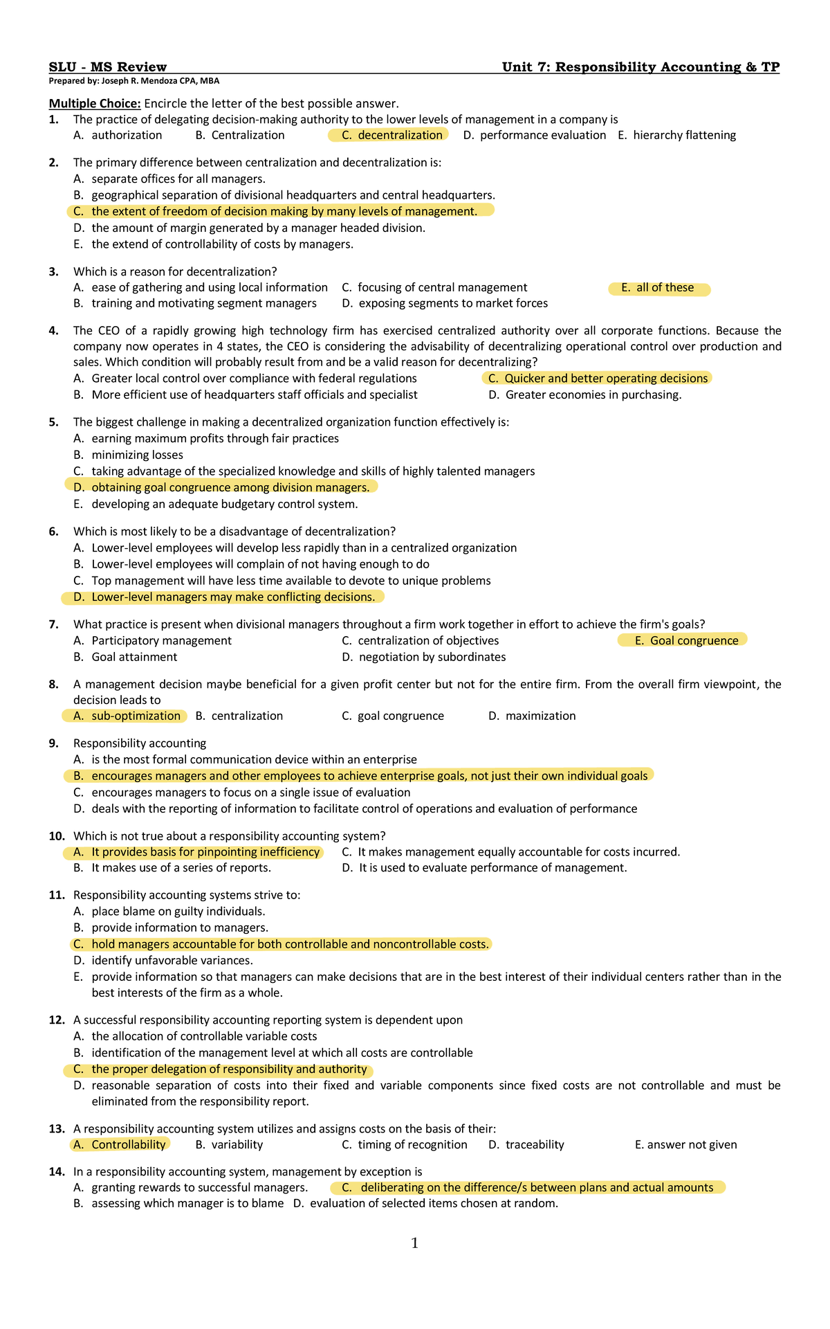 SLU MS Review Unit 7: Responsibility Accounting MCQs - Studocu