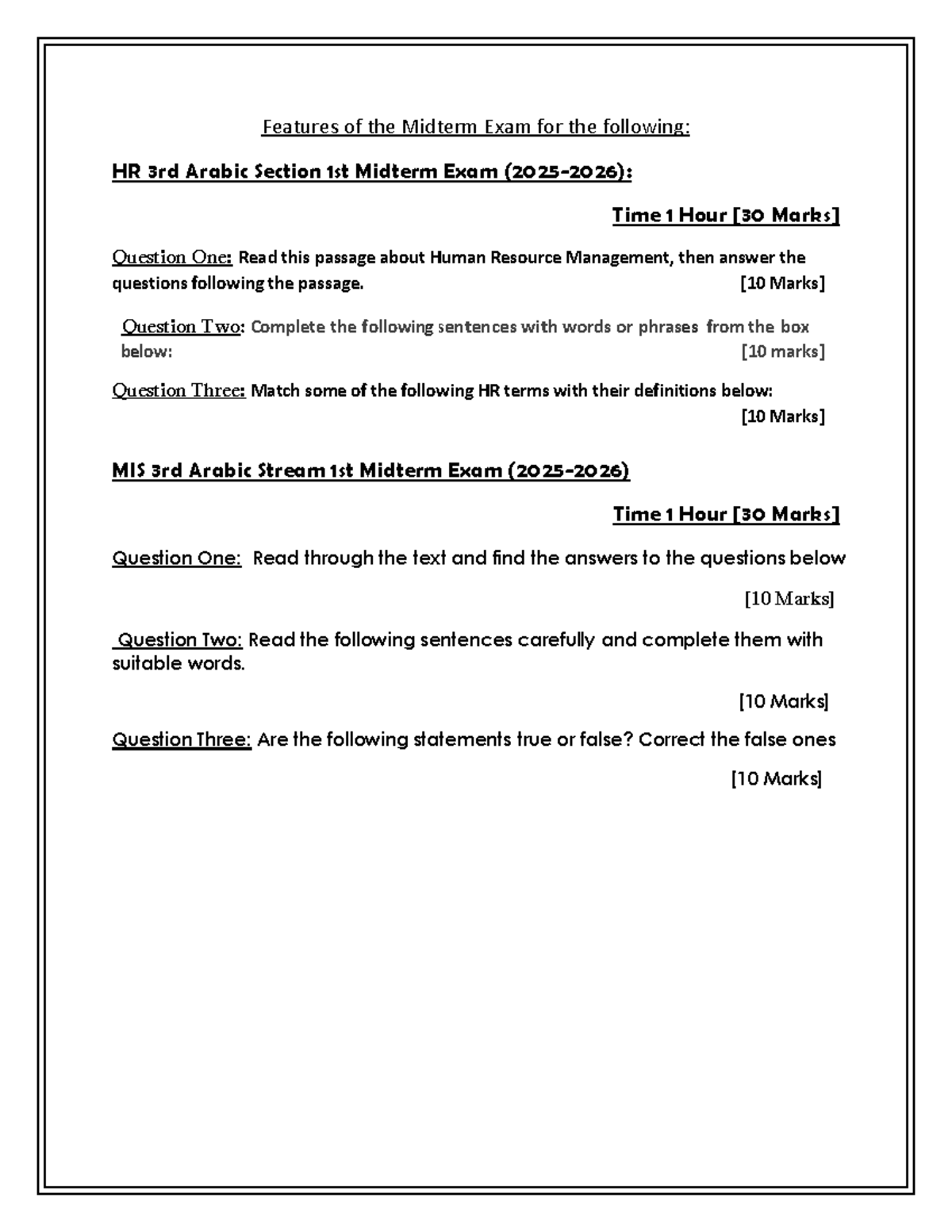 HR 3rd Arabic Section 1st Midterm Exam Features and Questions - Studocu