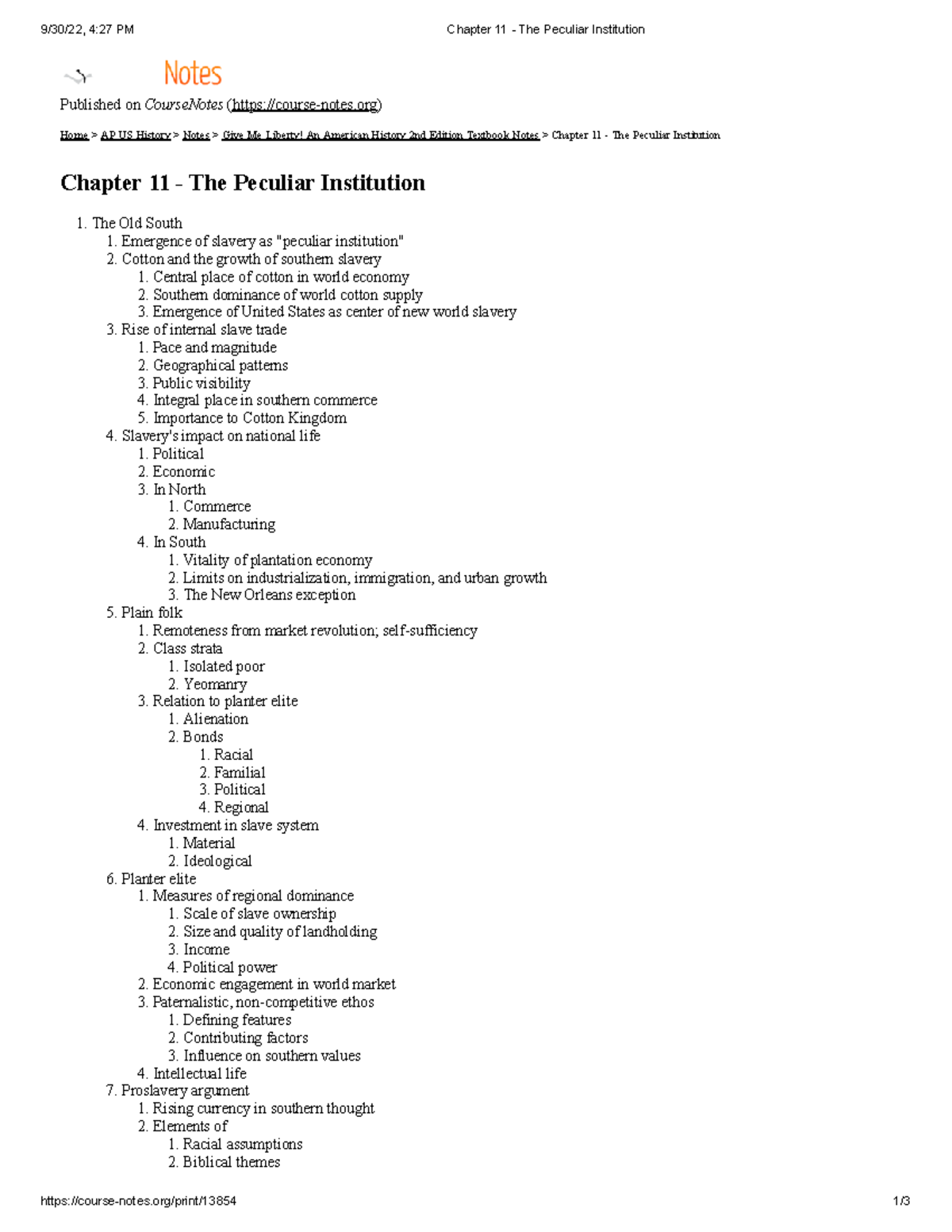 AP US History: Chapter 11 Notes on The Peculiar Institution - Studocu
